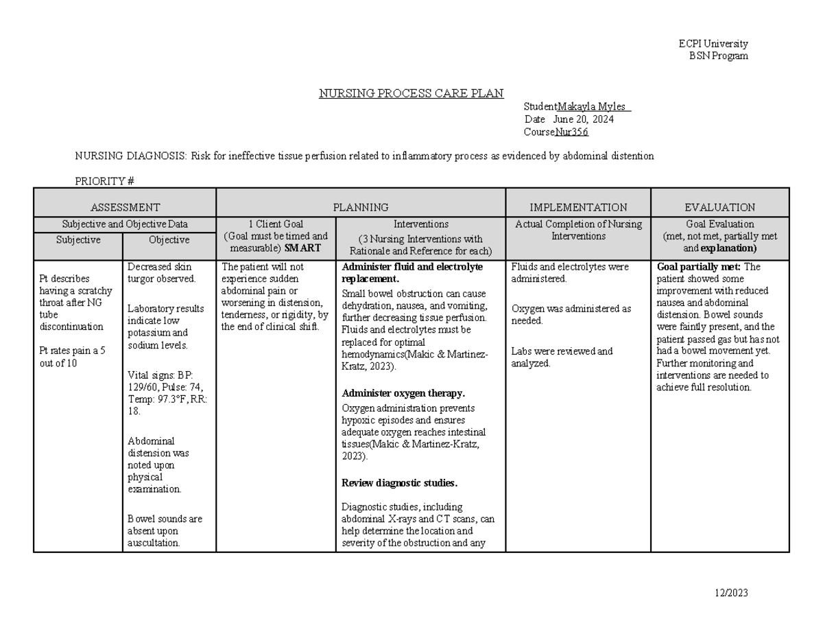 BSN Care Plan 3 - notes on med surge - ECPI University BSN Program ...