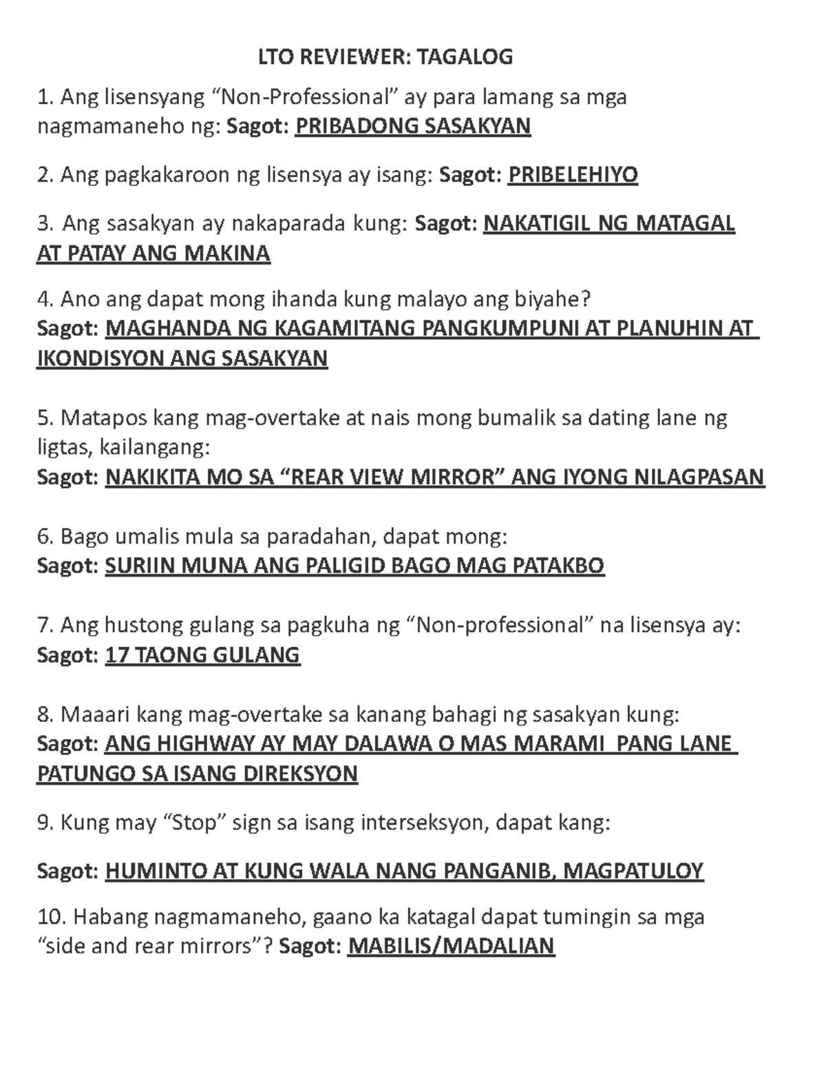 LTO Reviewer - LTO PHILIPIINES - LTO REVIEWER: TAGALOG Ang lisensyang ...
