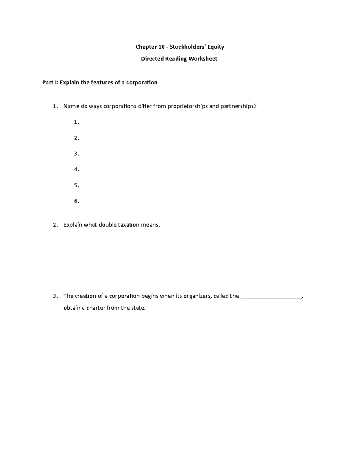 Ch 10 Directed Reading WS - Chapter 10 - Stockholders’ Equity Directed ...