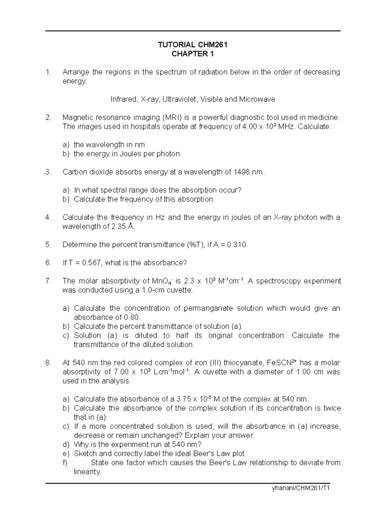 Tutorial Chapter 1 - TUTORIAL CHM CHAPTER 1 Arrange the regions in the spectrum of radiation ...