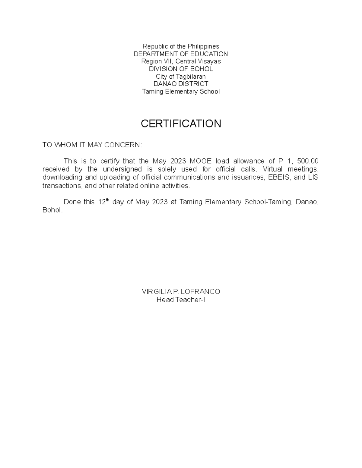 Load-certification - load certification - Republic of the Philippines DEPARTMENT OF EDUCATION ...