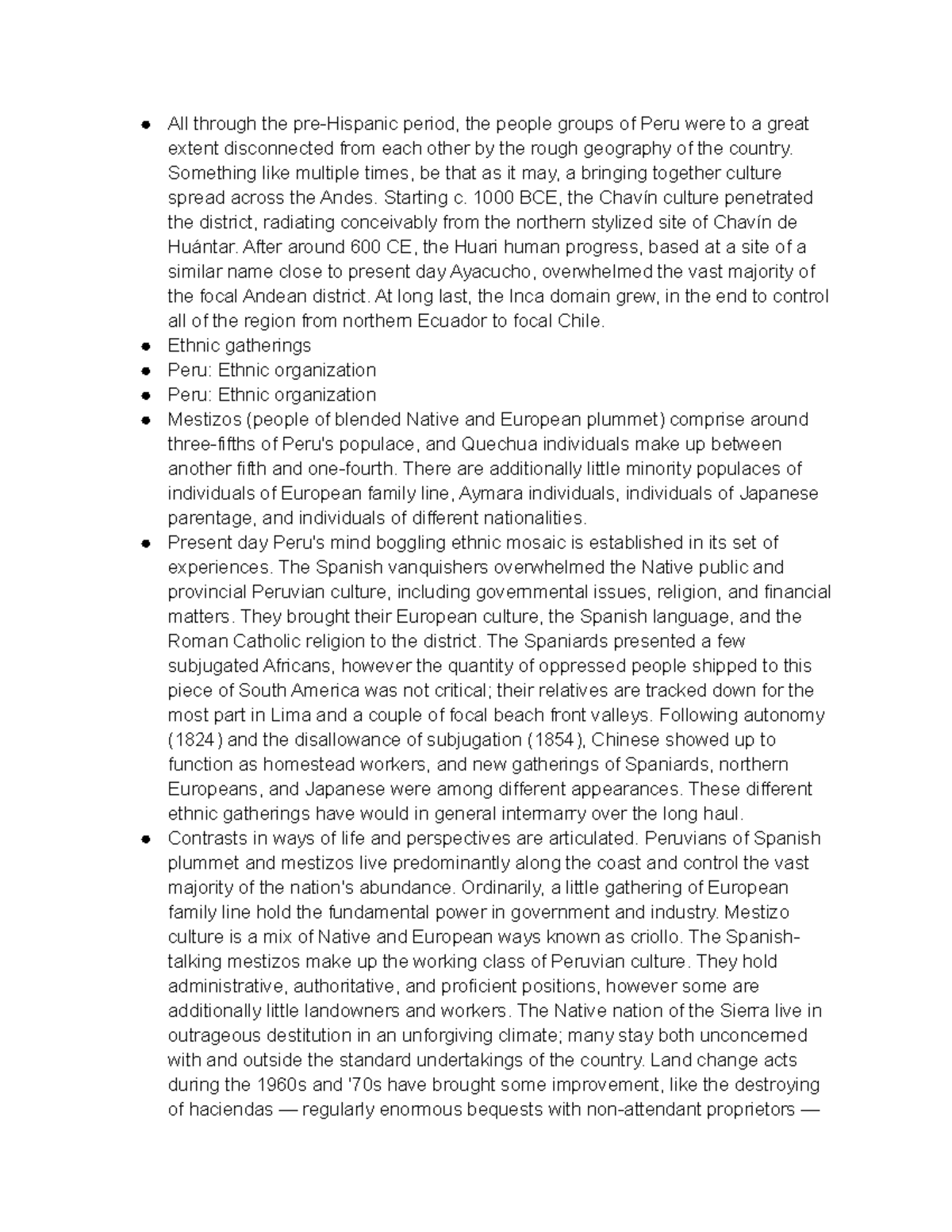 Peruvian people - Lecture notes from class - All through the pre ...
