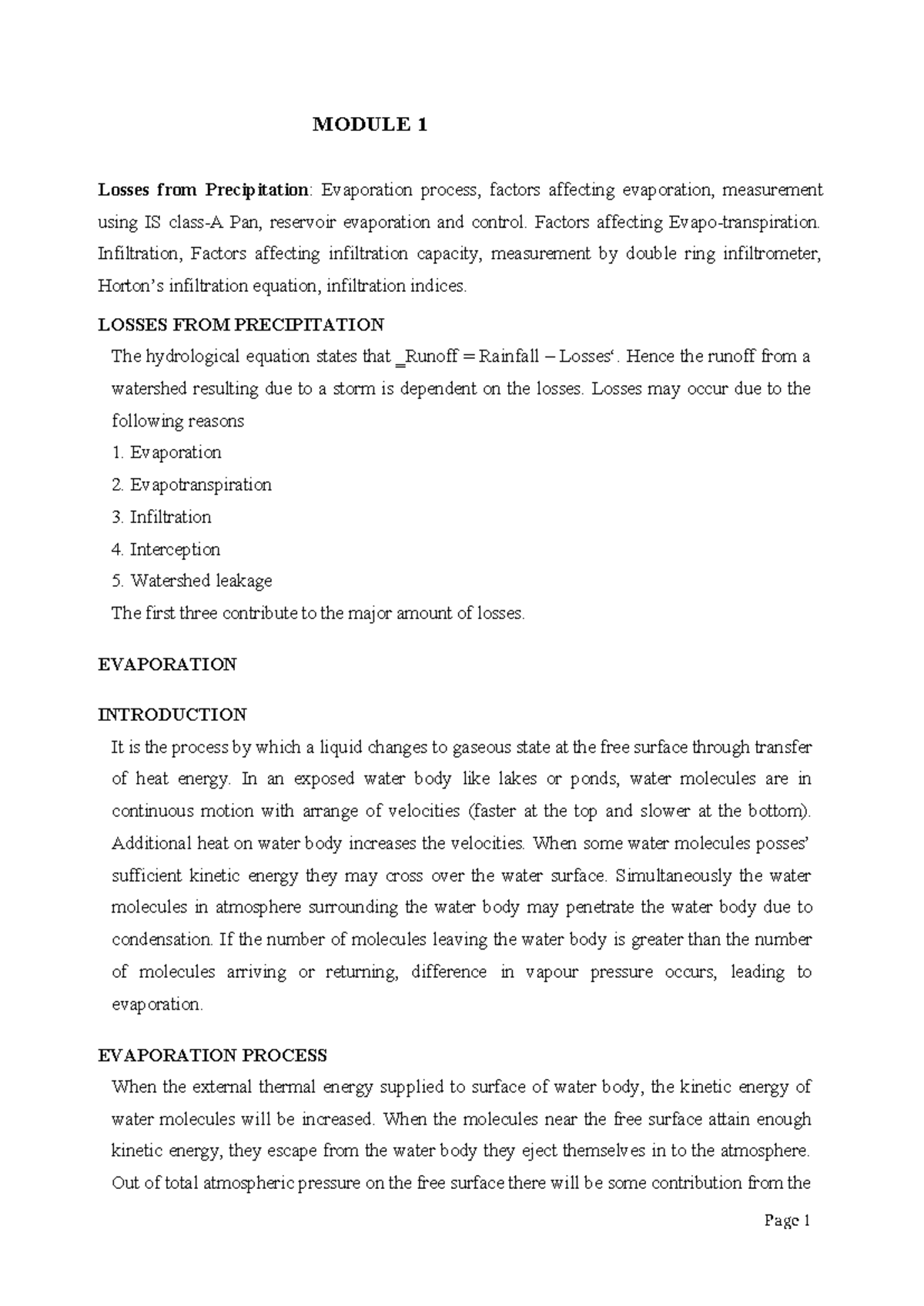 Module 1- Losses - HYDROLOGY AND WATER RESOURCE ENGINEERING-21CV51 ...