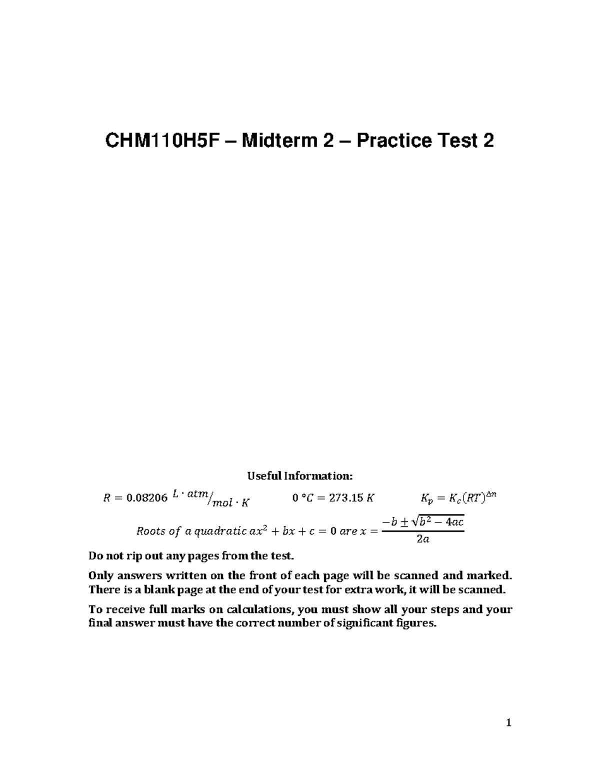 Practice Exam CHM110 - CHM110H5F – Midterm 2 – Practice Test 2 Useful ...