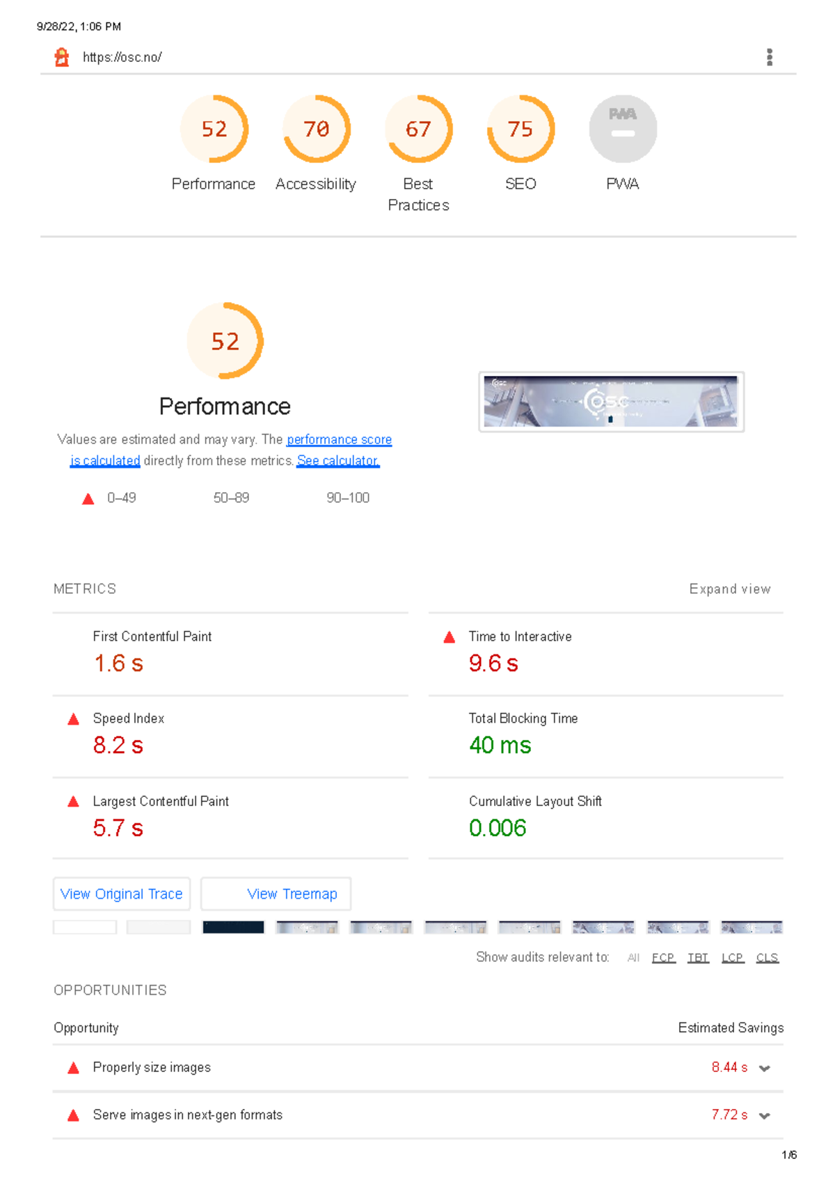 Osc webgrading - Web grading using lighthouse - osc/ Performance 52 Accessibility 70 ...