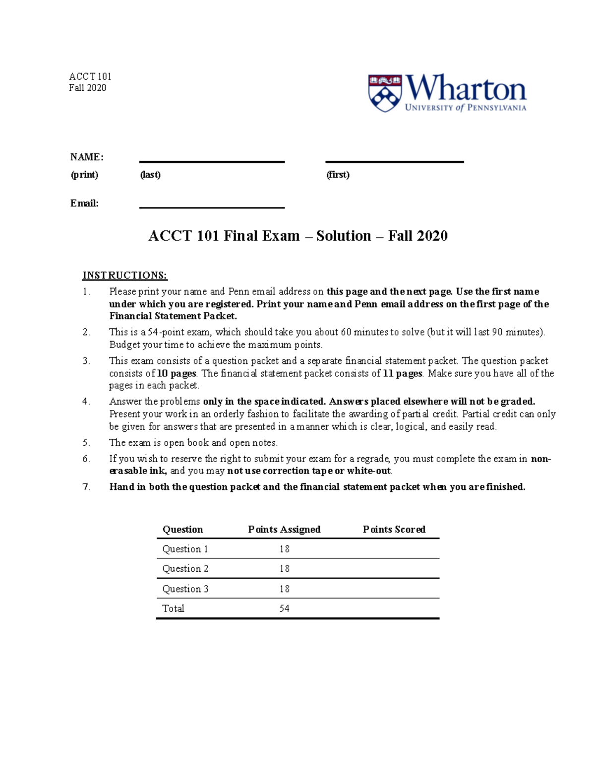 ACCT 101-2020 Final solution - ACCT 101 Fall 2020 NAME: (print) (last ...