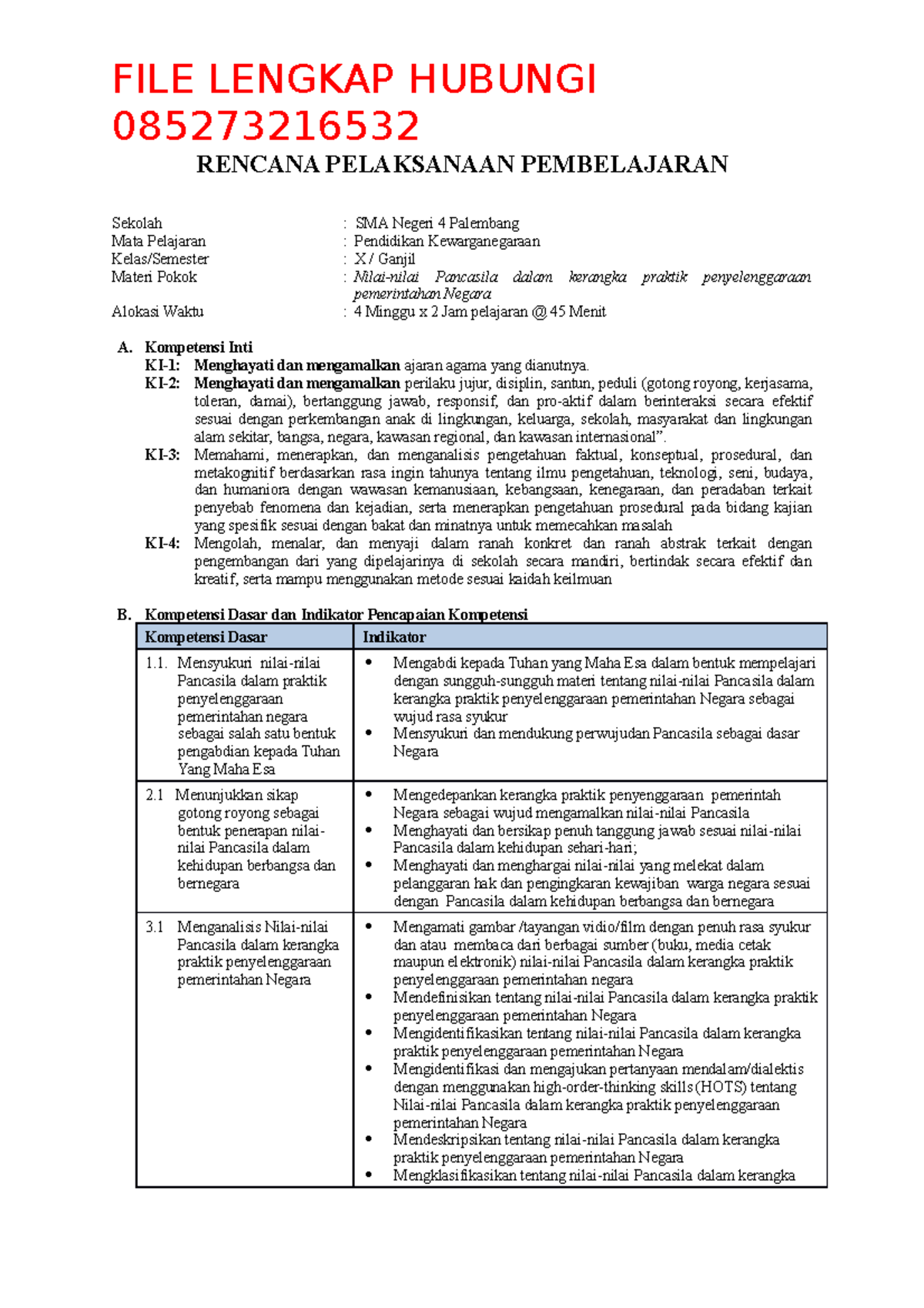 Contoh RPP PKN SMA - RPP PKN SMA FIX - 085273216532 RENCANA PELAKSANAAN ...