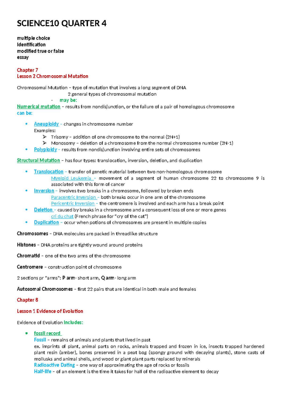 Science 10 Q4 - Summary Biology - SCIENCE10 QUARTER 4 multiple choice ...