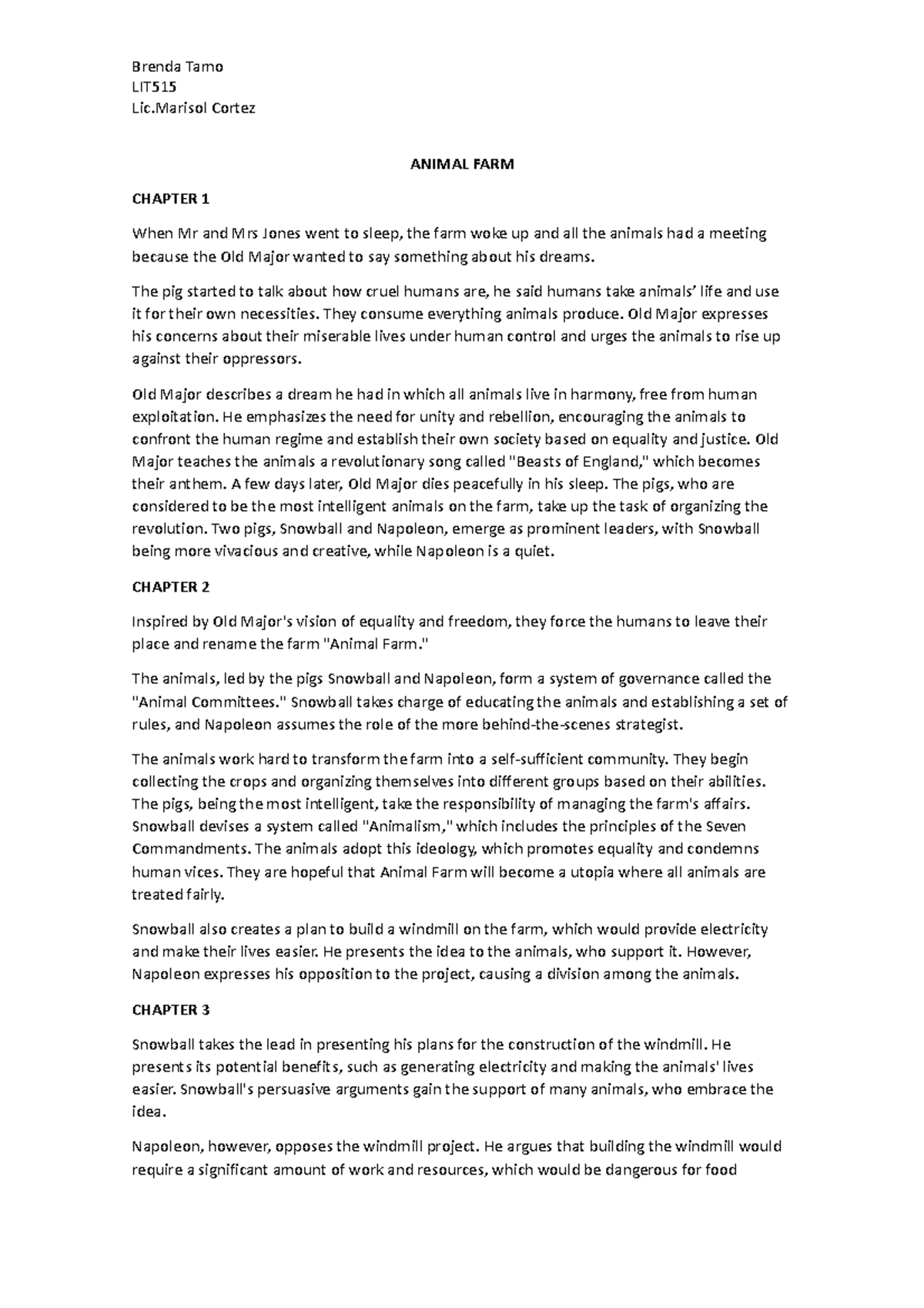 Animal FARM 1-5 summary - Brenda Tamo LIT Lic Cortez ANIMAL FARM ...