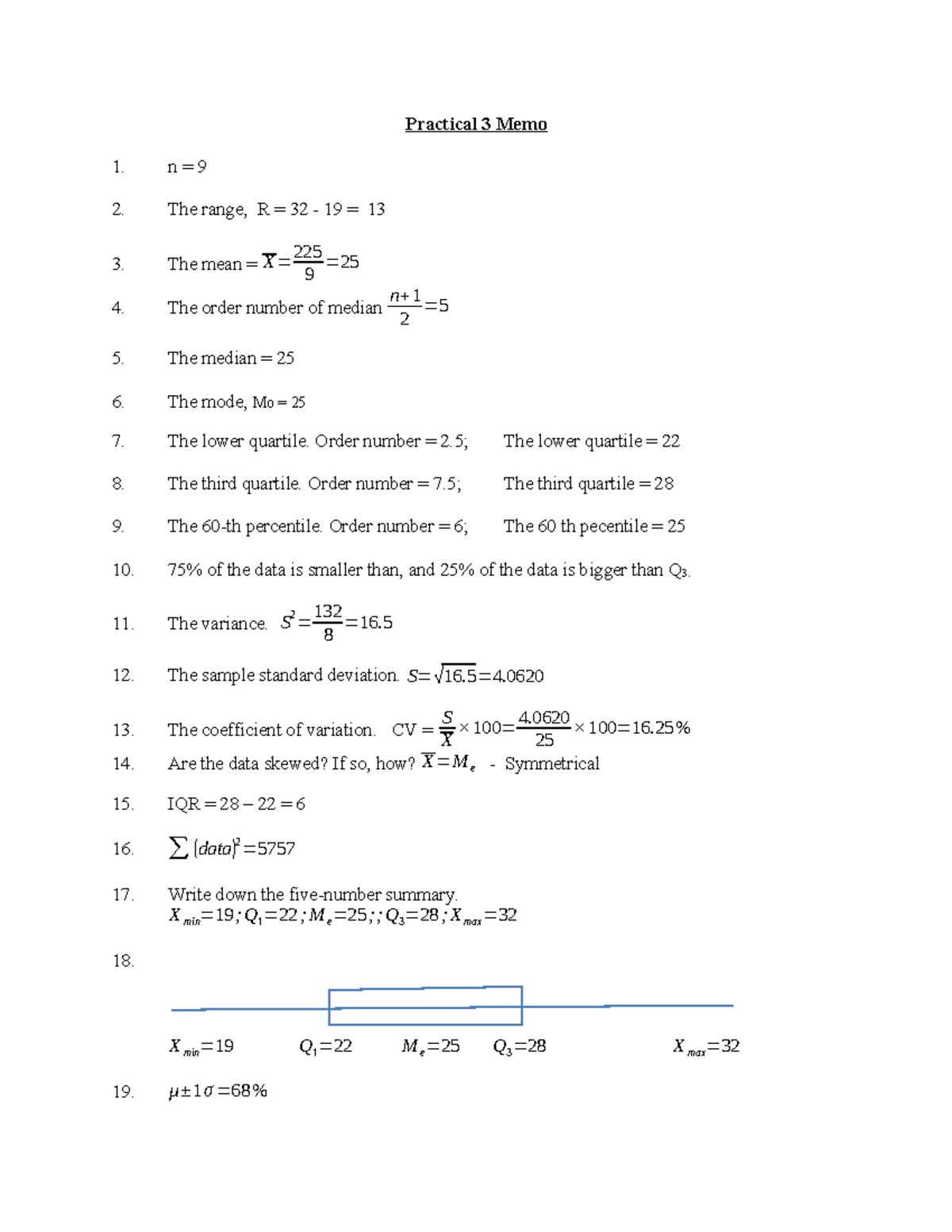 Practical 3 Memo - Practical 3 Memo n = 9 The range, R = 32 - 19 = 13 The mean = X = 225 9 = 25 ...
