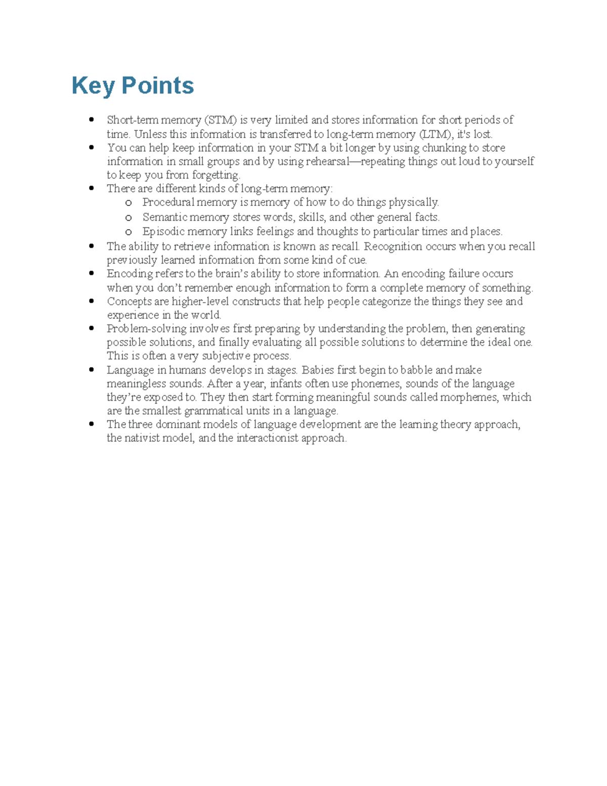 Key Point 2 - the summaries sum up the course of short-term memory in ...