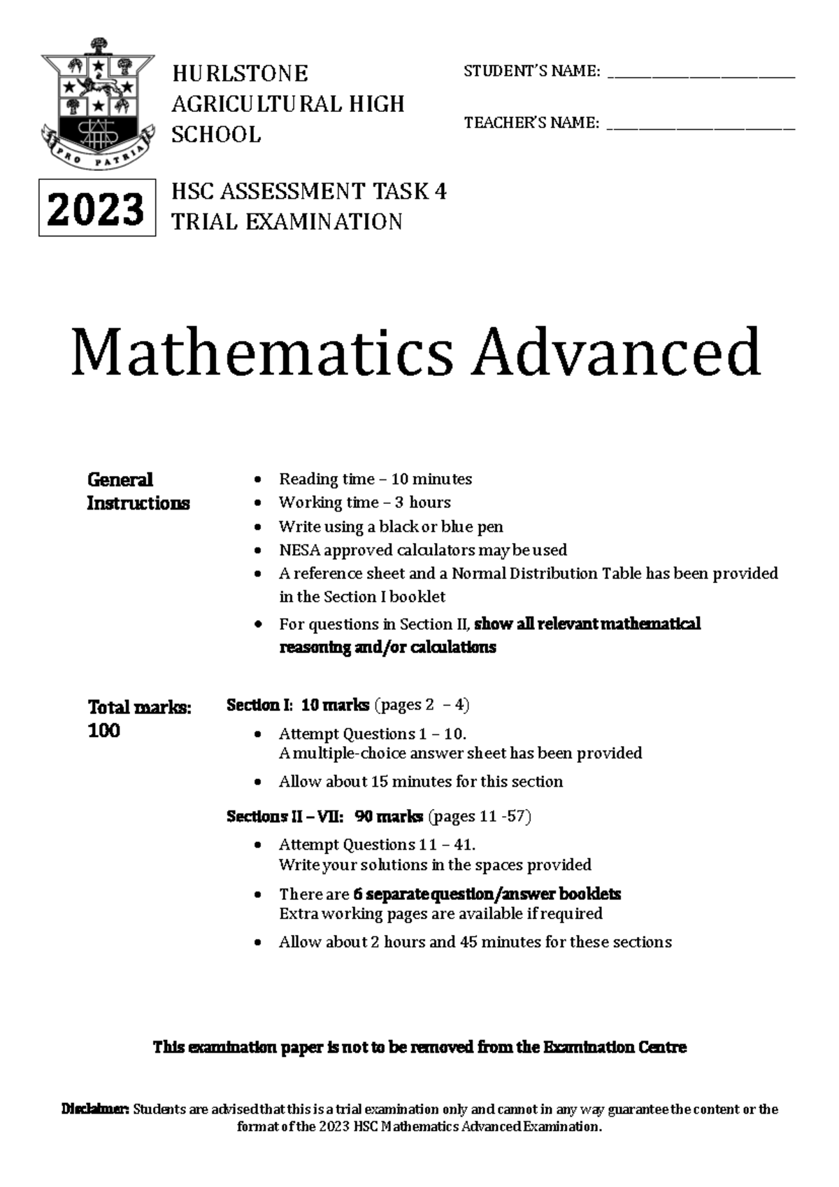 2023 Hurlstone Agricultural High School - Adv - Questions - General ...
