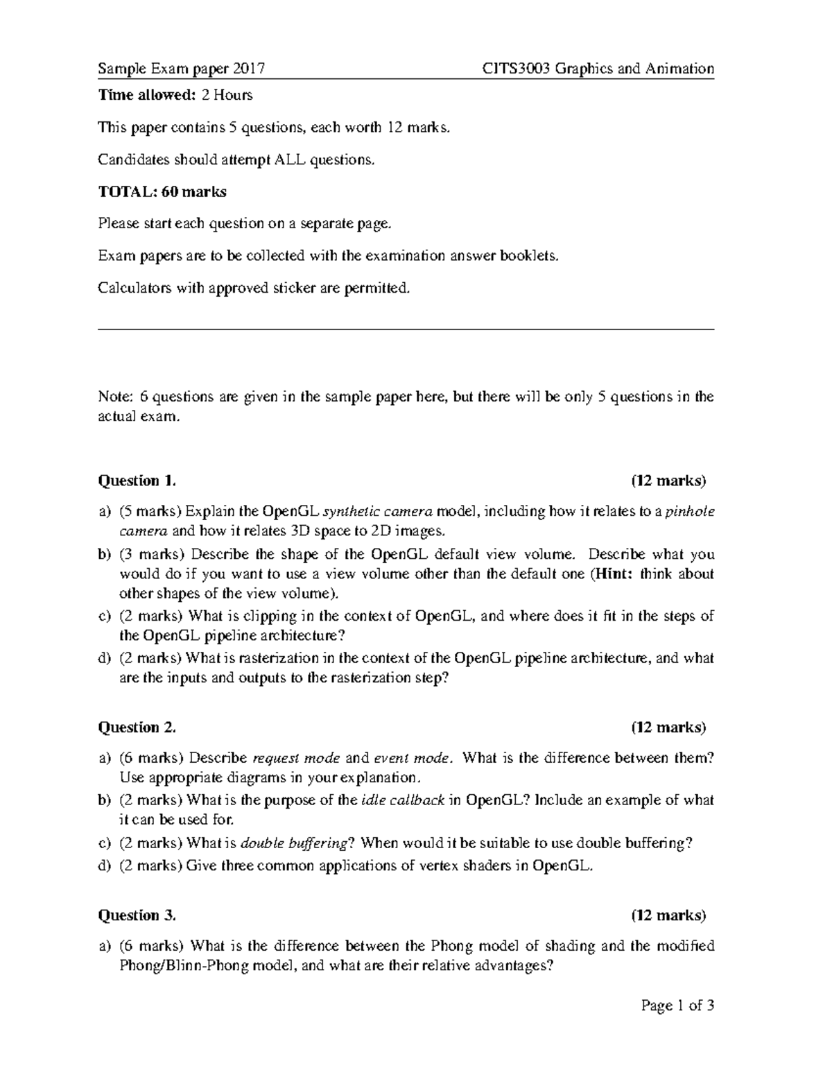 Final exam 2017 - Sample Exam paper 2017 CITS3003 Graphics and ...
