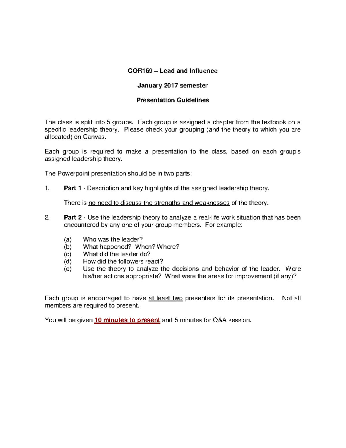COR169 - Group Presentation Guidelines - COR169 – Lead and Influence ...