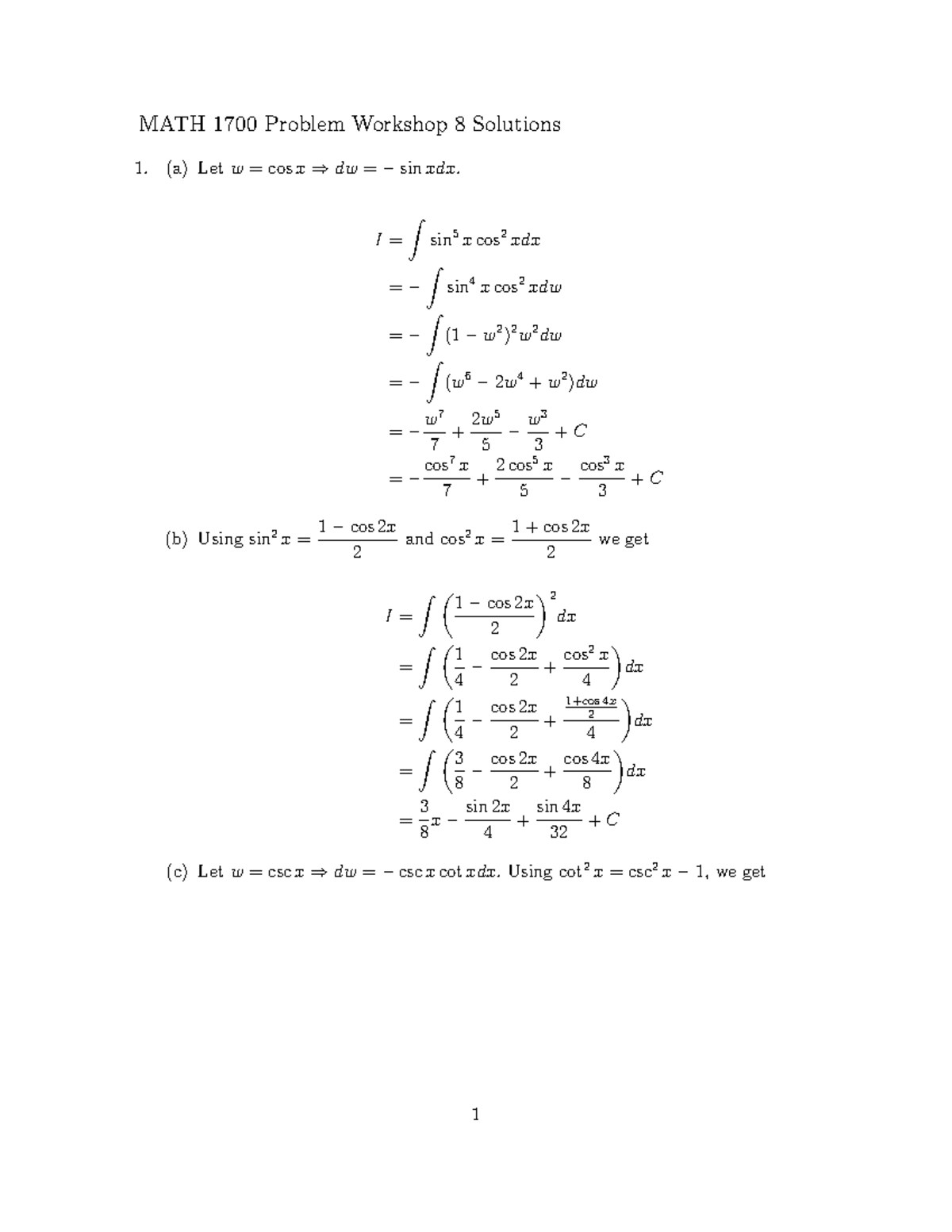 Key Laboratory 8 Math 1700 - MATH 1700 Problem Workshop 8 Solutions (a ...