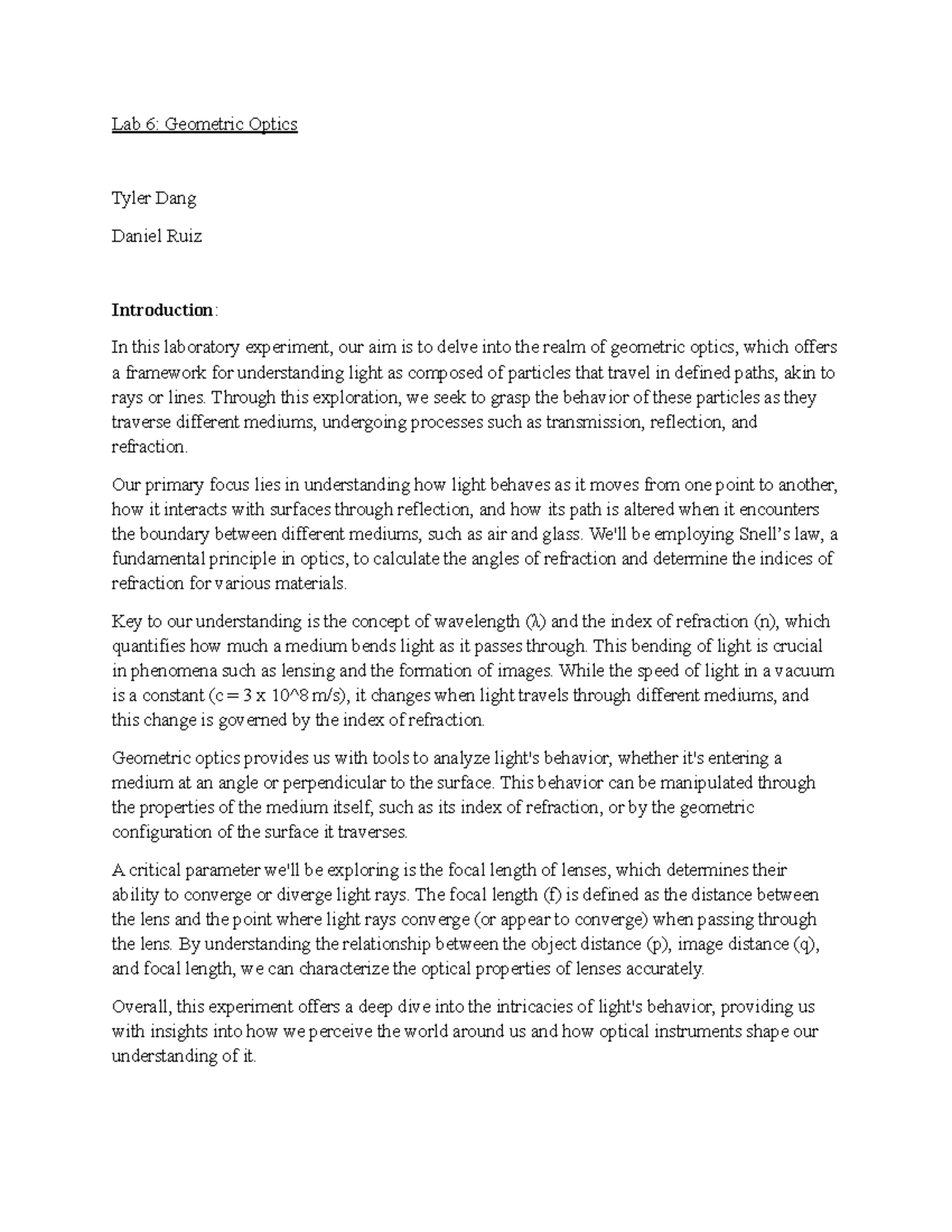 Phys Lab 6 - Lab 6 : Geometric Optics Tyler Dang Daniel Ruiz ...