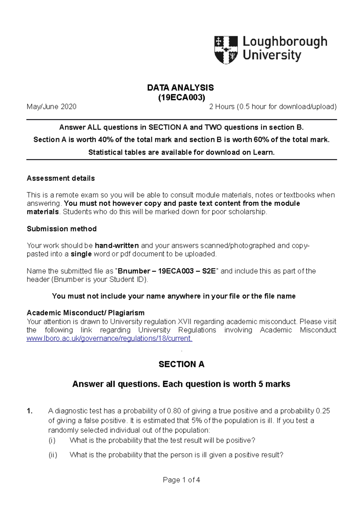 Sample exam 2021 - past exam paper - DATA ANALYSIS (19ECA003) May/June ...