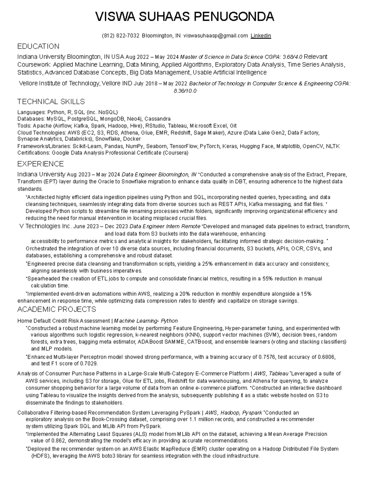 Suhaas Resume - VISWA SUHAAS PENUGONDA (812) 822-7032 Bloomington, IN ...