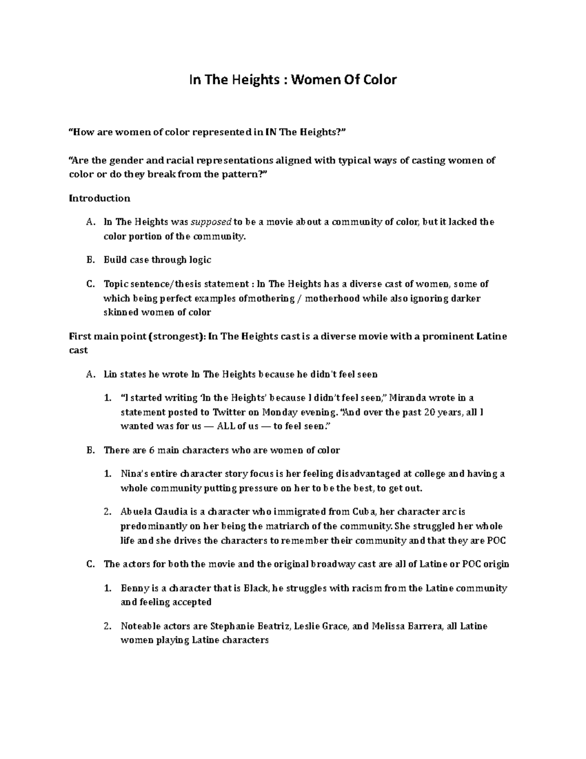 Final exam essay outline - In The Heights : Women Of Color “How are ...