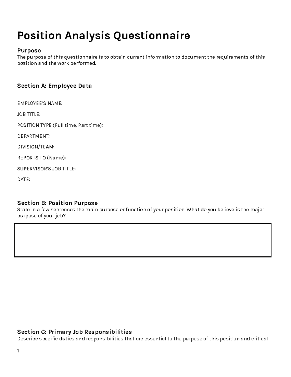 Position Analysis Questionnaire (PAQ) Example Template - Position ...