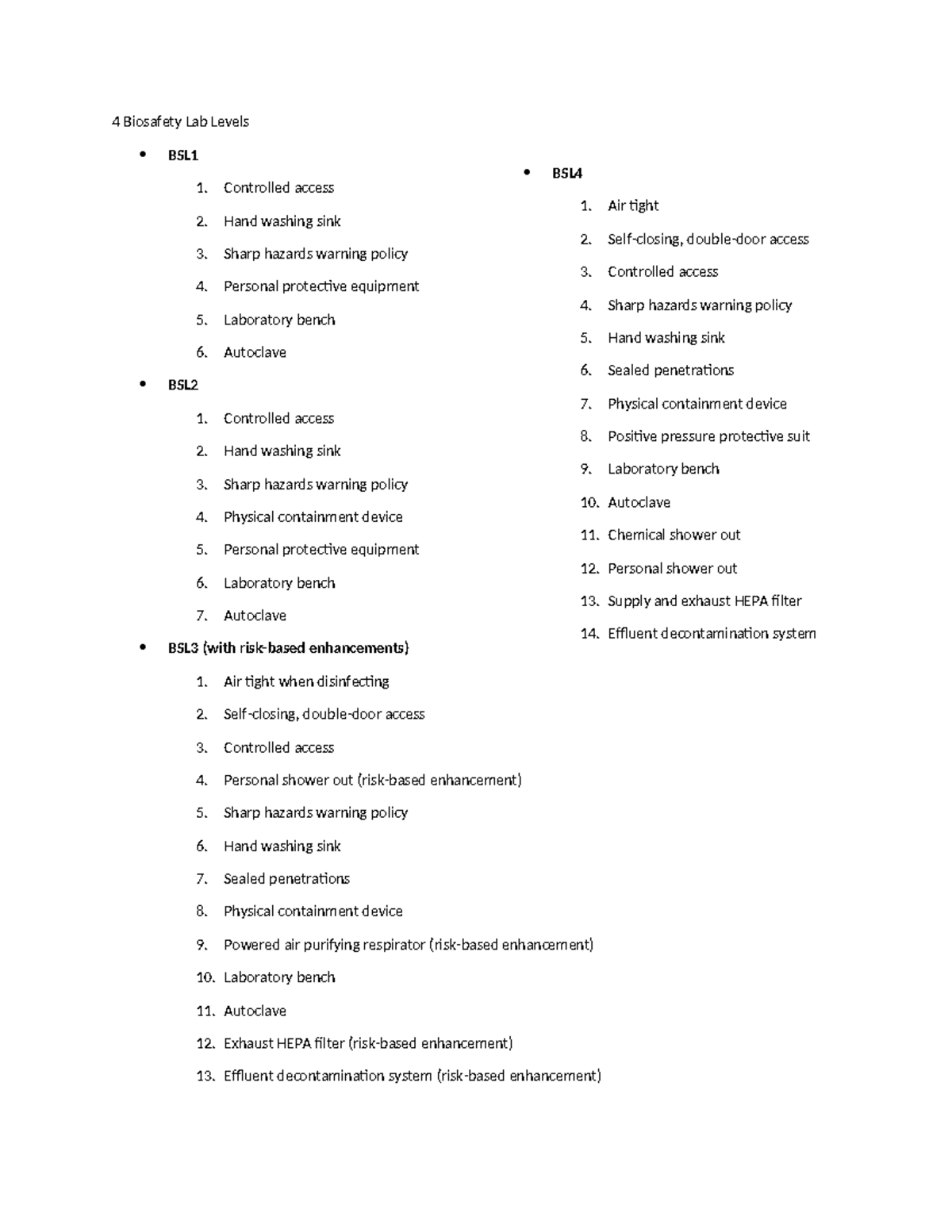 4 Biosafety Lab Levels - pmls - 4 Biosafety Lab Levels BSL 1 ...