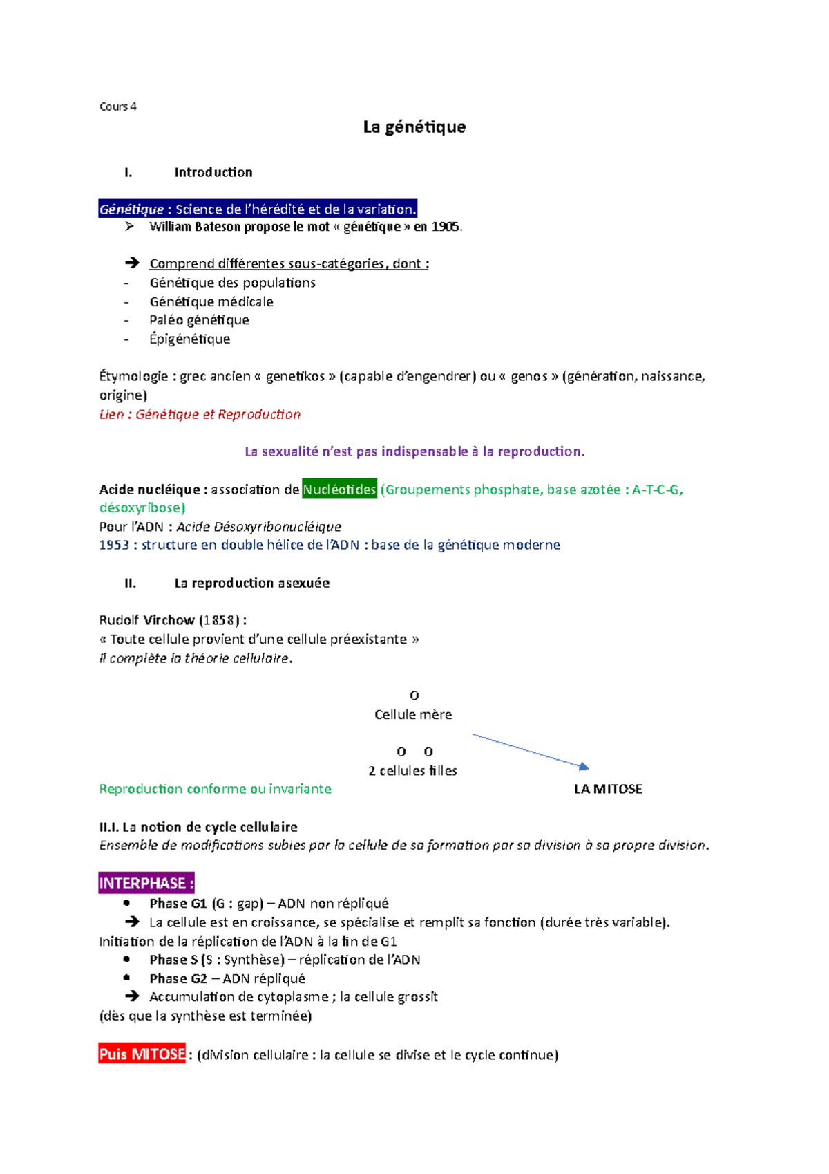 Ge╠üne╠ütique - cours - Cours 4 La génétique I. Introduction Génétique ...