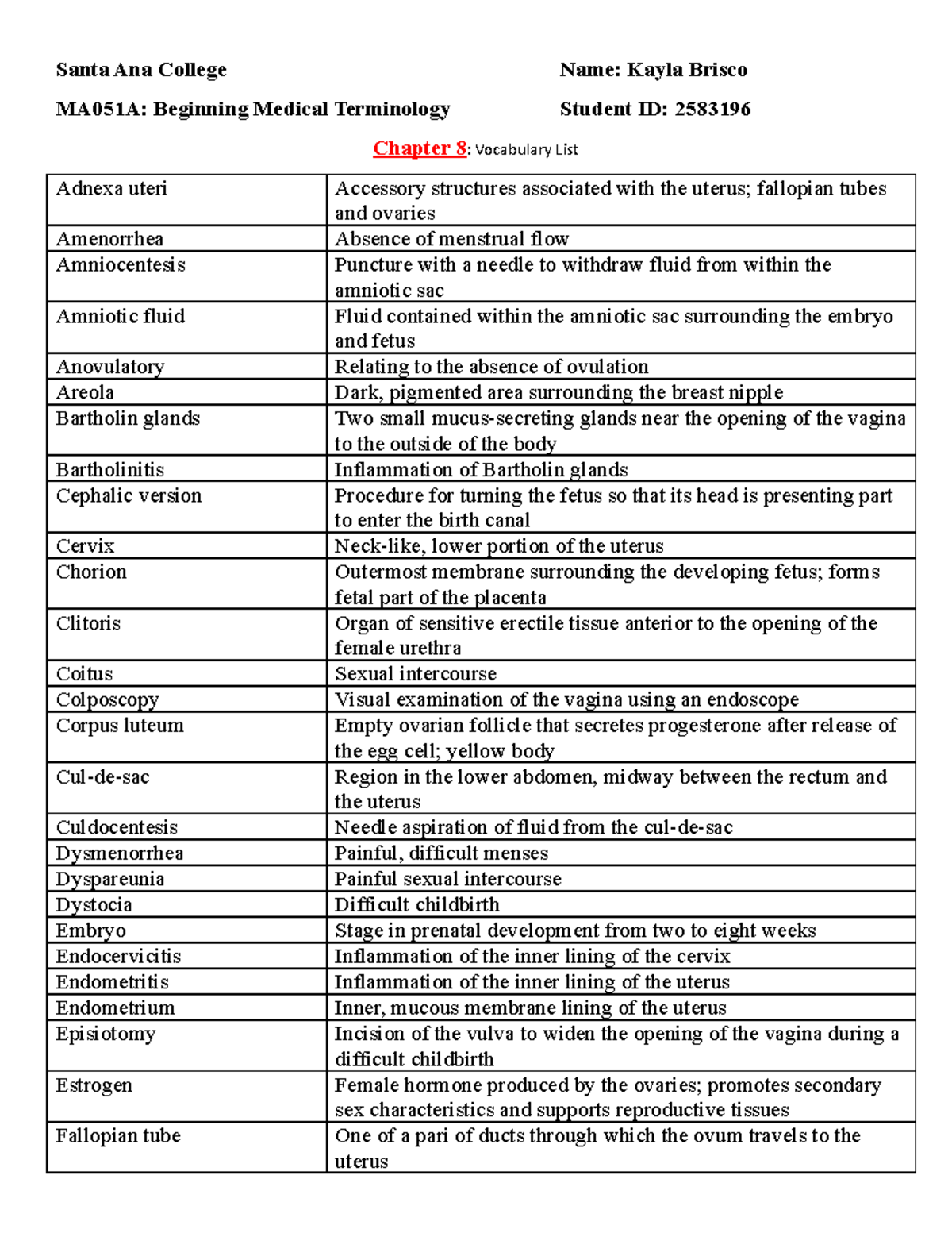 Chapter 8 Vocab - Santa Ana College Name: Kayla Brisco MA051A ...