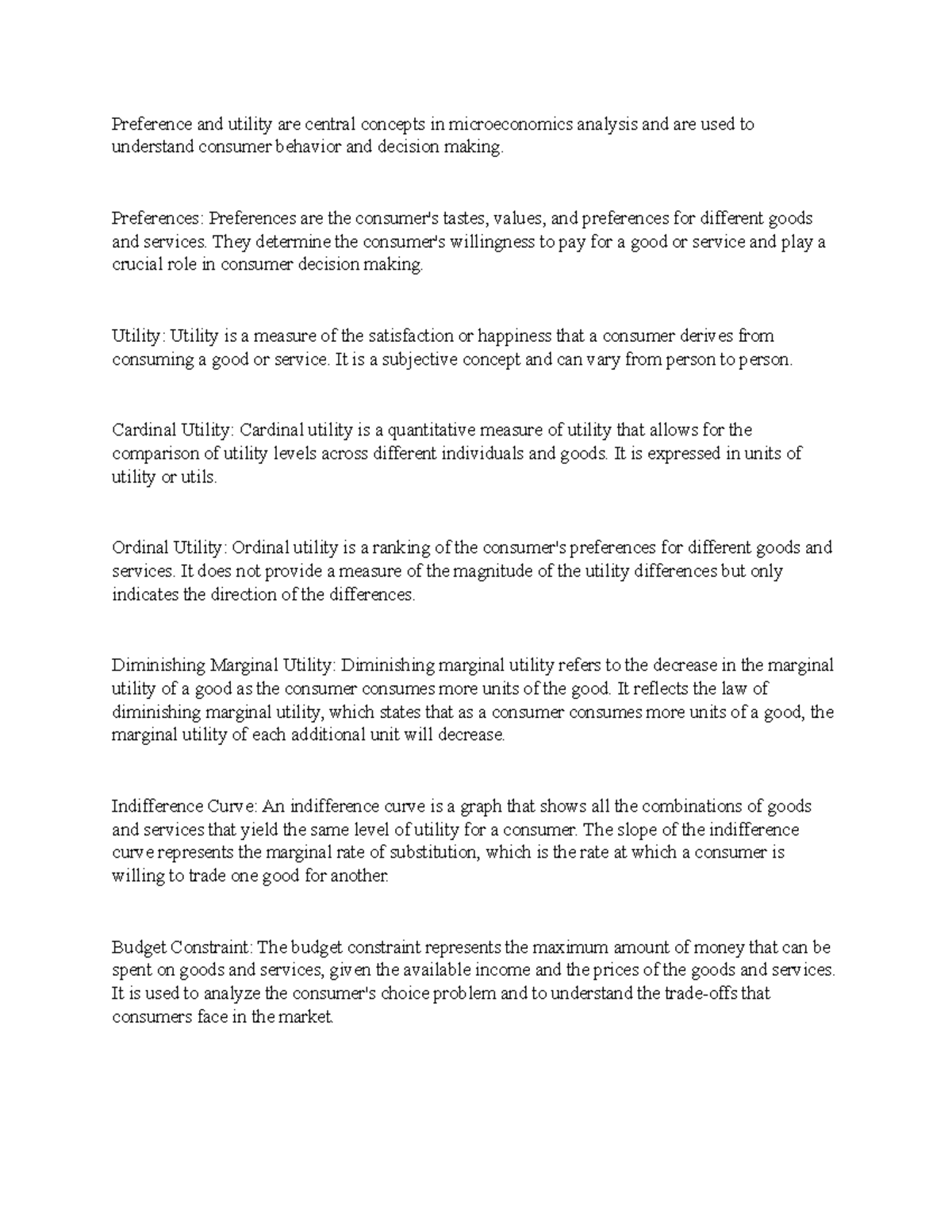 EC4 - Notes on preference and utility - Preference and utility are ...