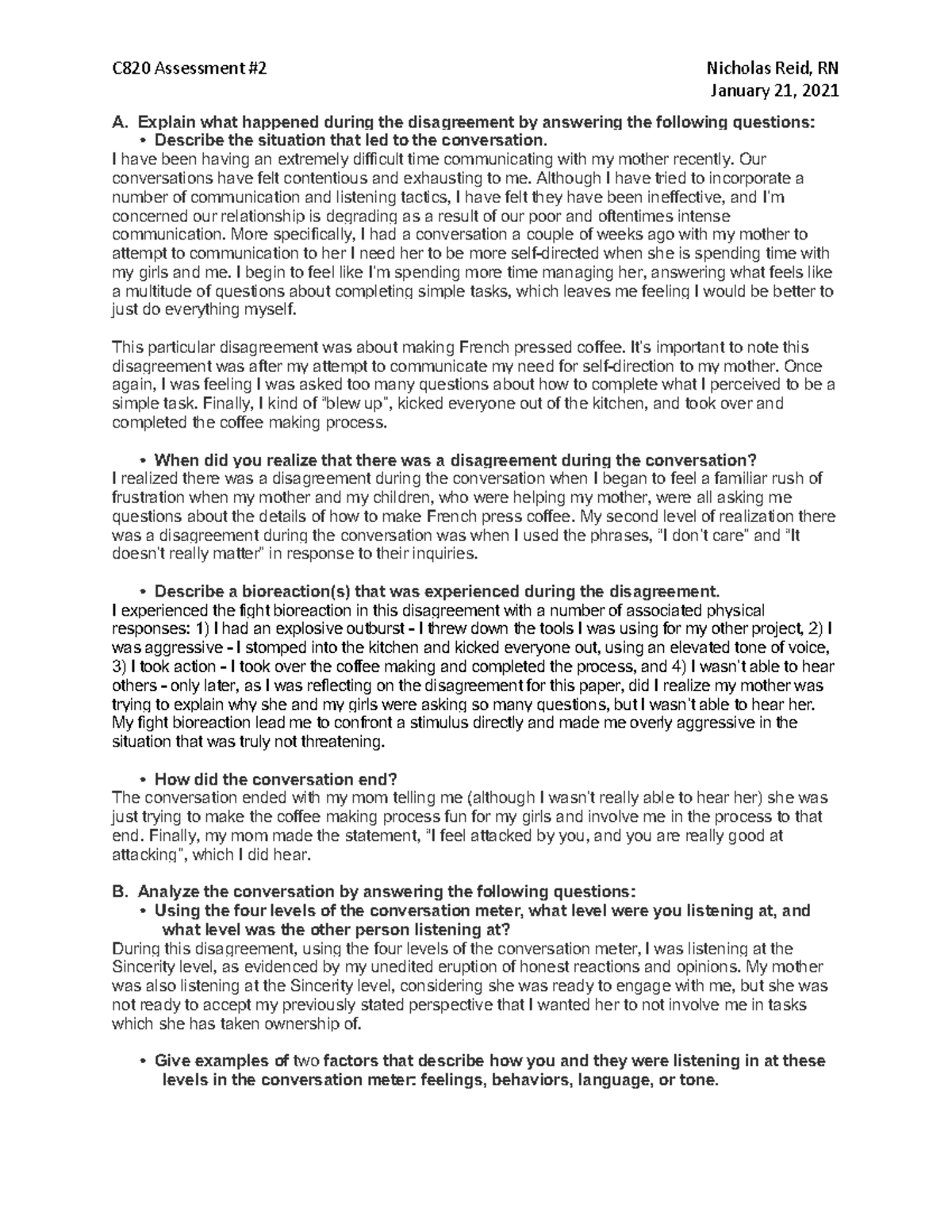 C820 Assessment 2 - Explain what happened during the disagreement by ...
