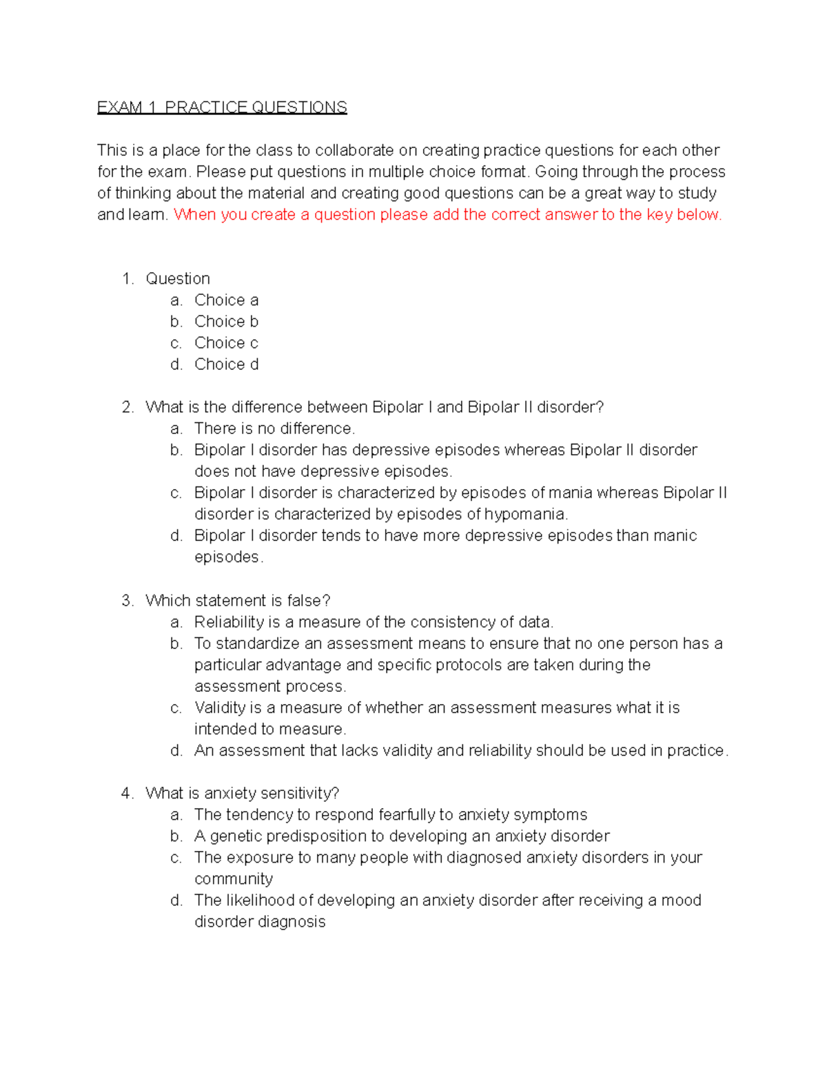 Psych 127B Practice Questions - EXAM 1 PRACTICE QUESTIONS This is a ...
