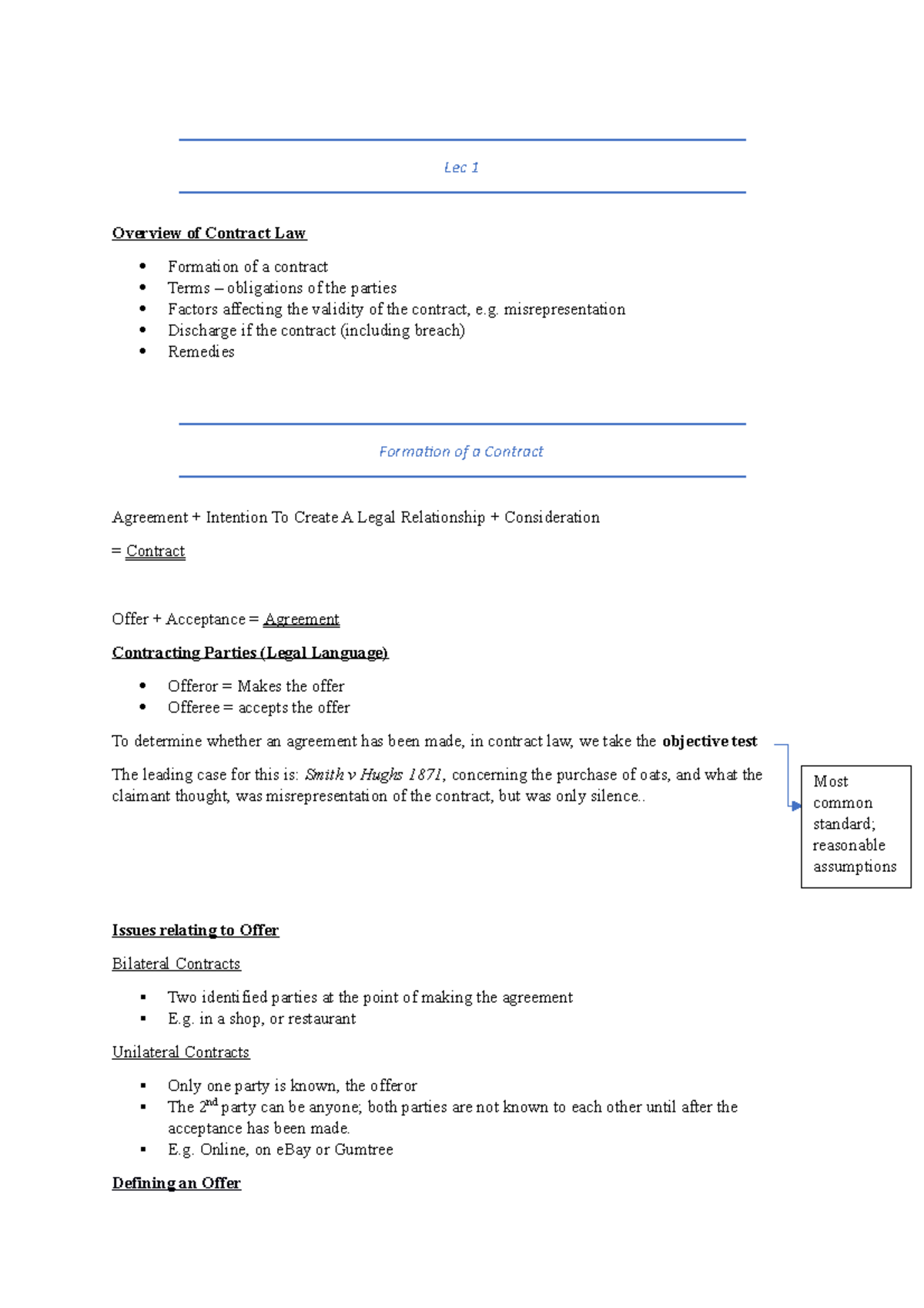 Lec 1 - Overview - Formation of a contract - Lec 1 Overview of Contract ...