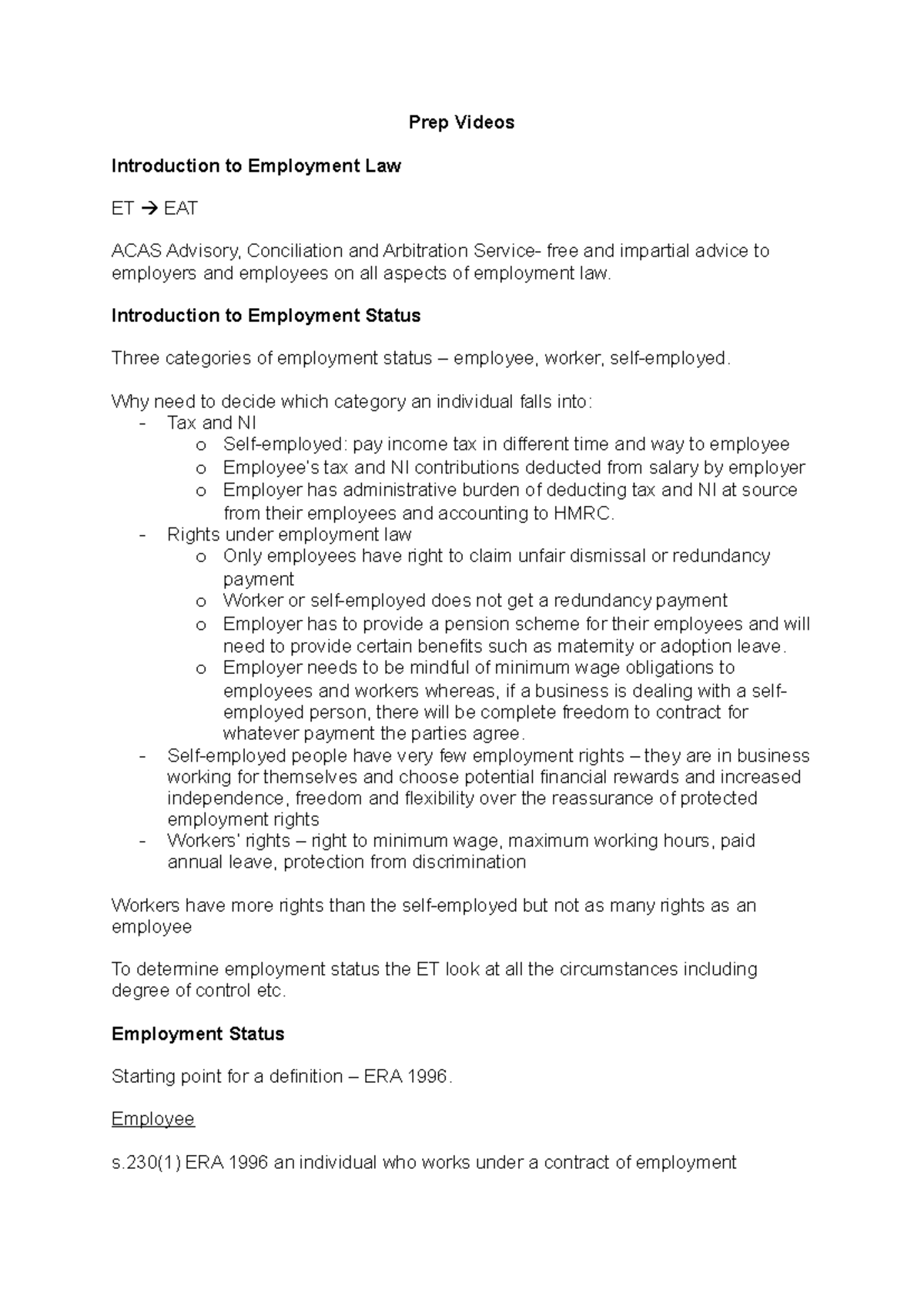 Prep Videos - Prep Videos Introduction to Employment Law ET EAT ACAS ...