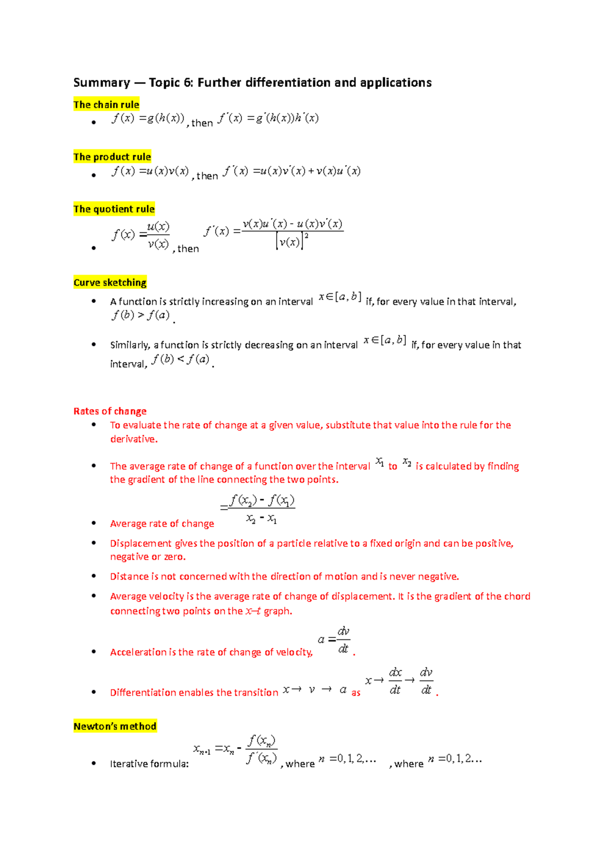 Summary — Topic 6 Further differentiation and applications - Summary ...