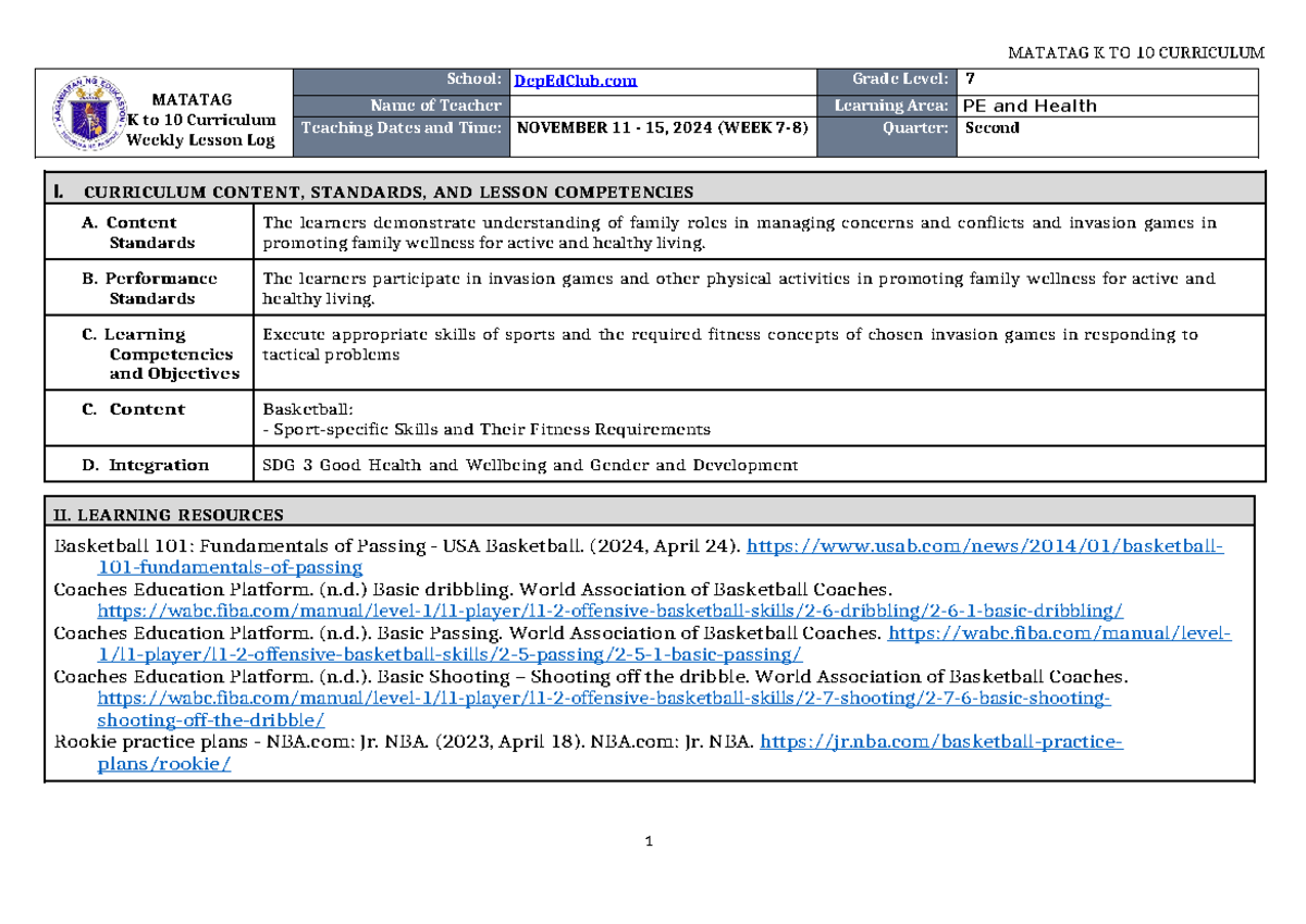 DLL Matatag PE& Health 7 Q2 W7-8 - MATATAG K to 10 Curriculum Weekly Lesson Log School ...