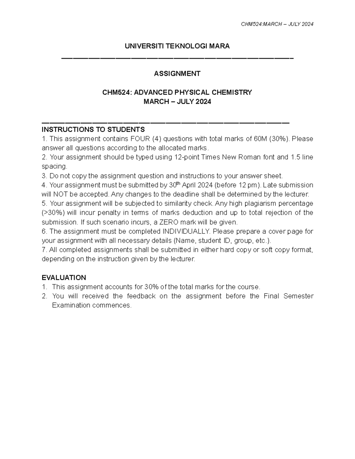 CHM524 Assignment Question March JULY 2024 - UNIVERSITI TEKNOLOGI MARA ...