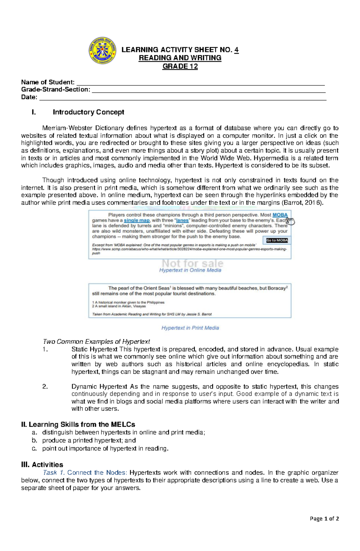 LAS-Reading and Writing 4 - Page 1 of 2 LEARNING ACTIVITY SHEET NO. 4 ...
