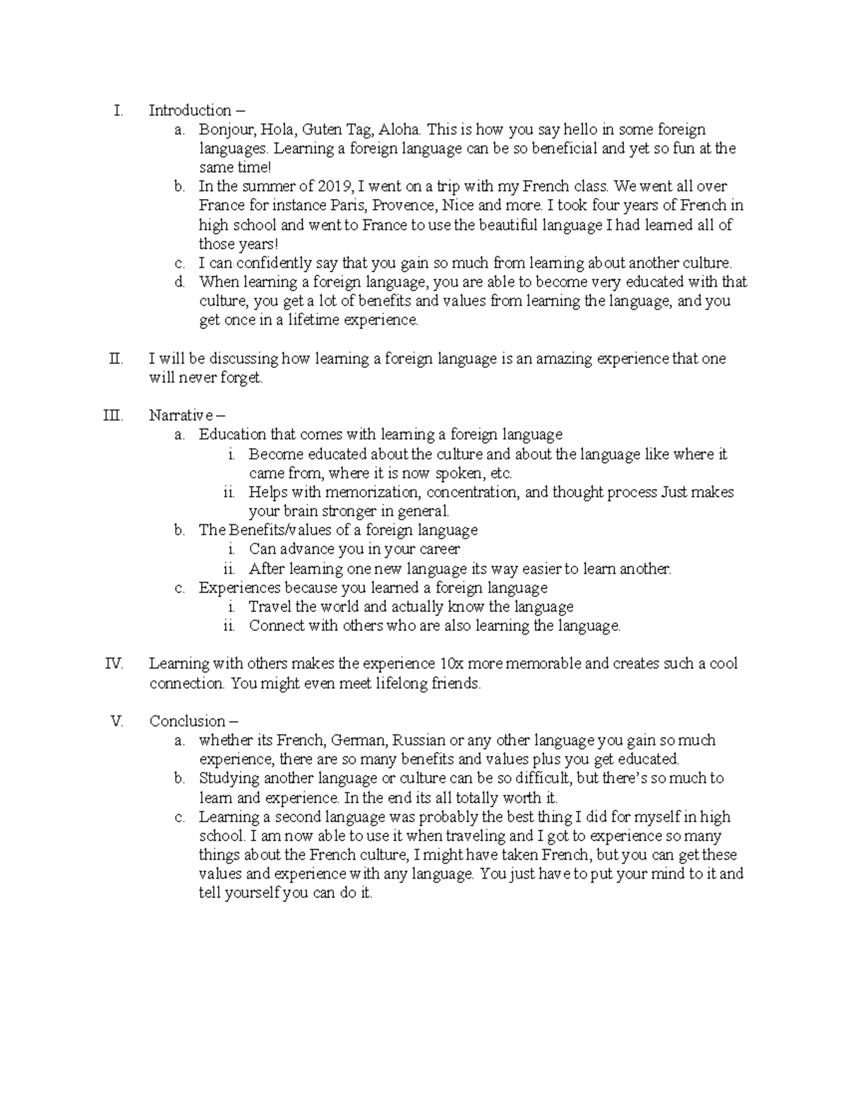 Narrative speech outline - I. Introduction – a. Bonjour, Hola, Guten ...