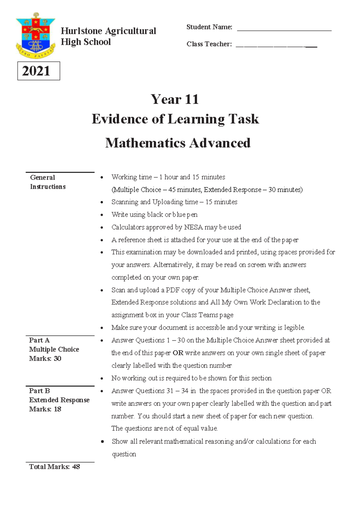 Hurlstone 2U Prelim 2021 - General Instructions • Working time – 1 hour ...