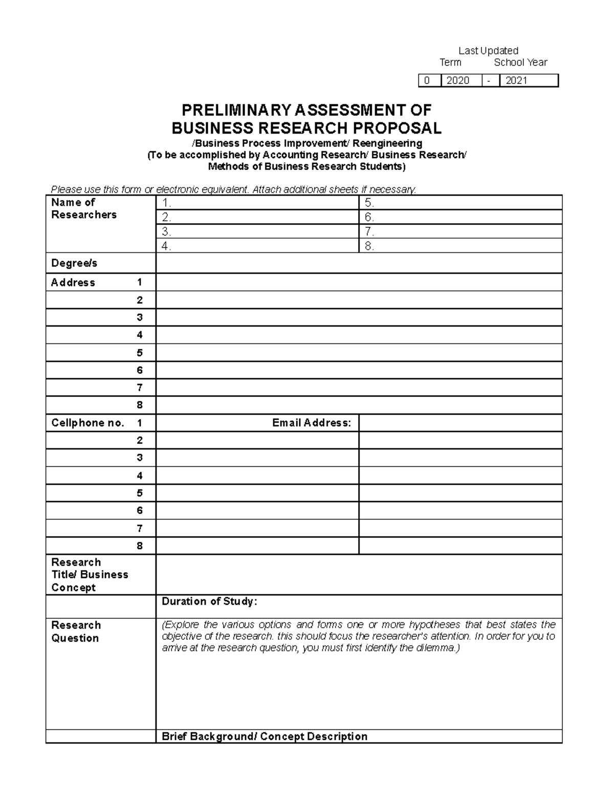 Preliminary Assessment of Business Research - Last Updated Term School ...