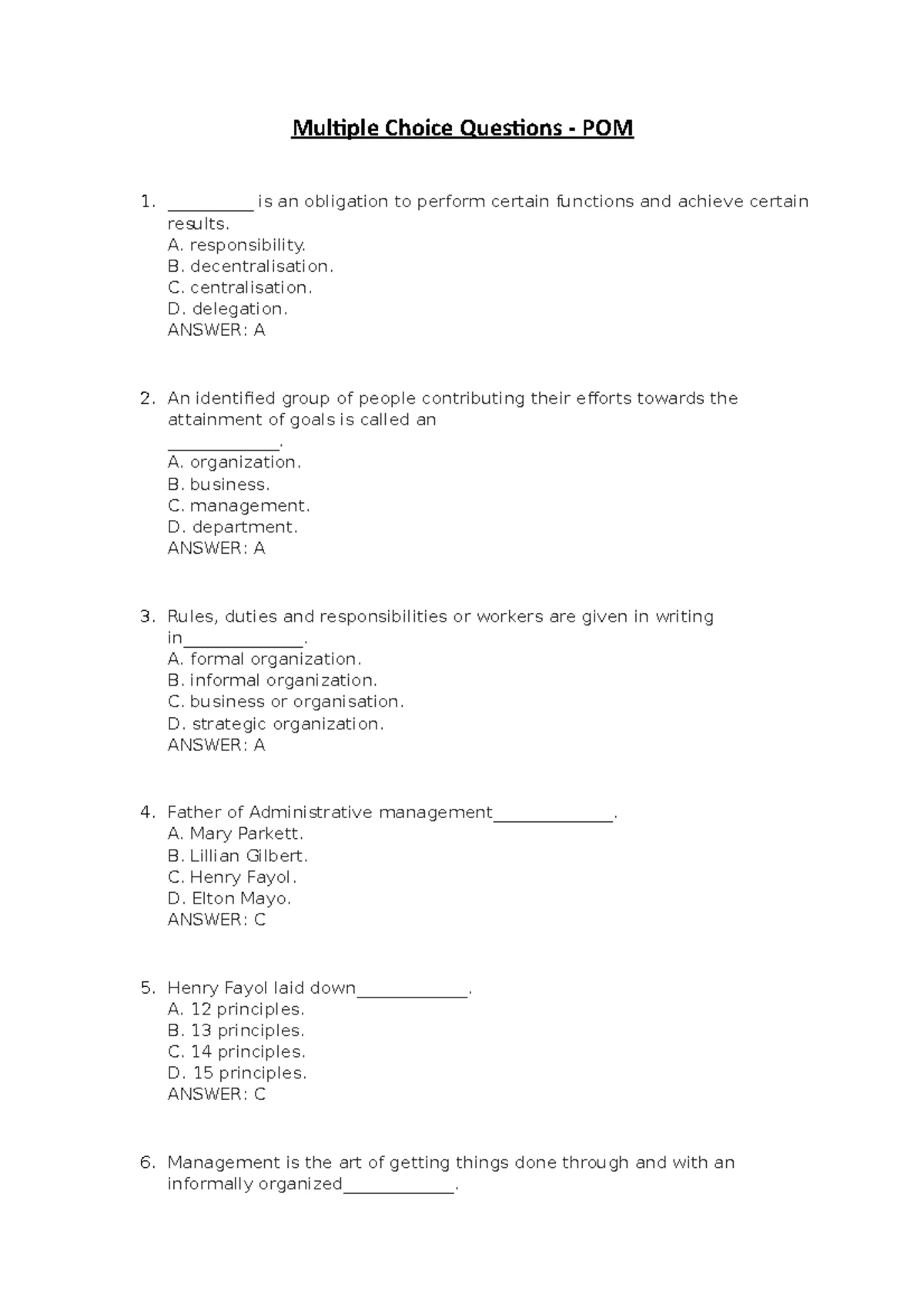Question Bank (Unit - 1 to 4) - POM - Question Bank Principles of ...
