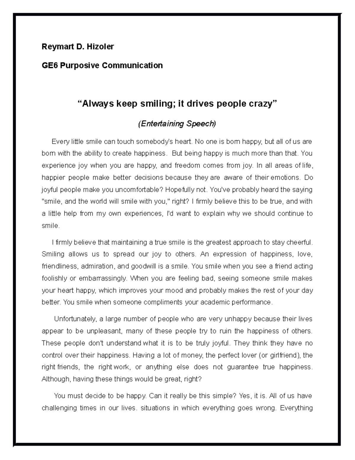 Entertaining Speech-Hizoler Reymart - Reymart D. Hizoler GE6 Purposive ...