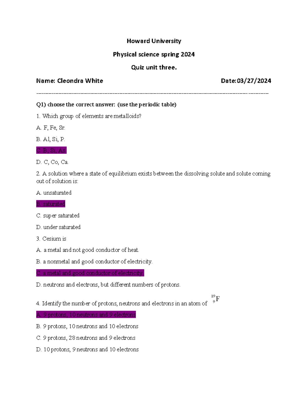 Quiz3 2 - Howard University Physical science spring 2024 Quiz unit ...