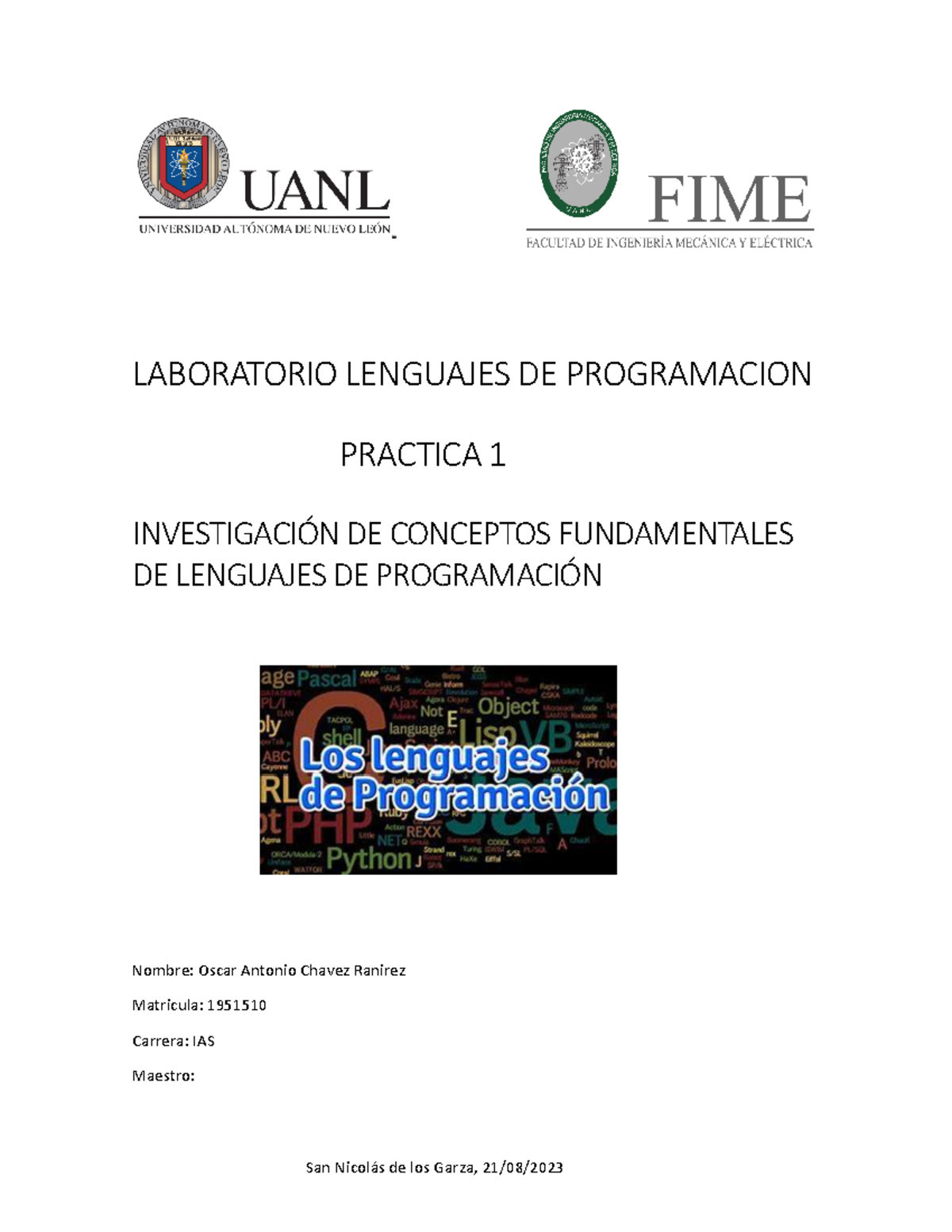 1951510 Practica 1 - LABORATORIO LENGUAJES DE PROGRAMACION PRACTICA 1 INVESTIGACIÓN DE CONCEPTOS ...