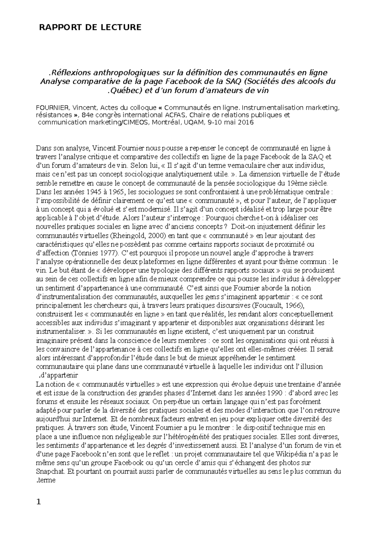 Rapport de lecture - Fournier - communauté en ligne - RAPPORT DE ...