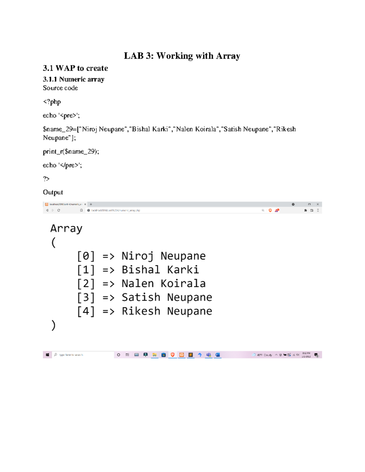 Lab 3 Lab 3 Working With Array 3 Wap To Create 31 Numeric Array 3689