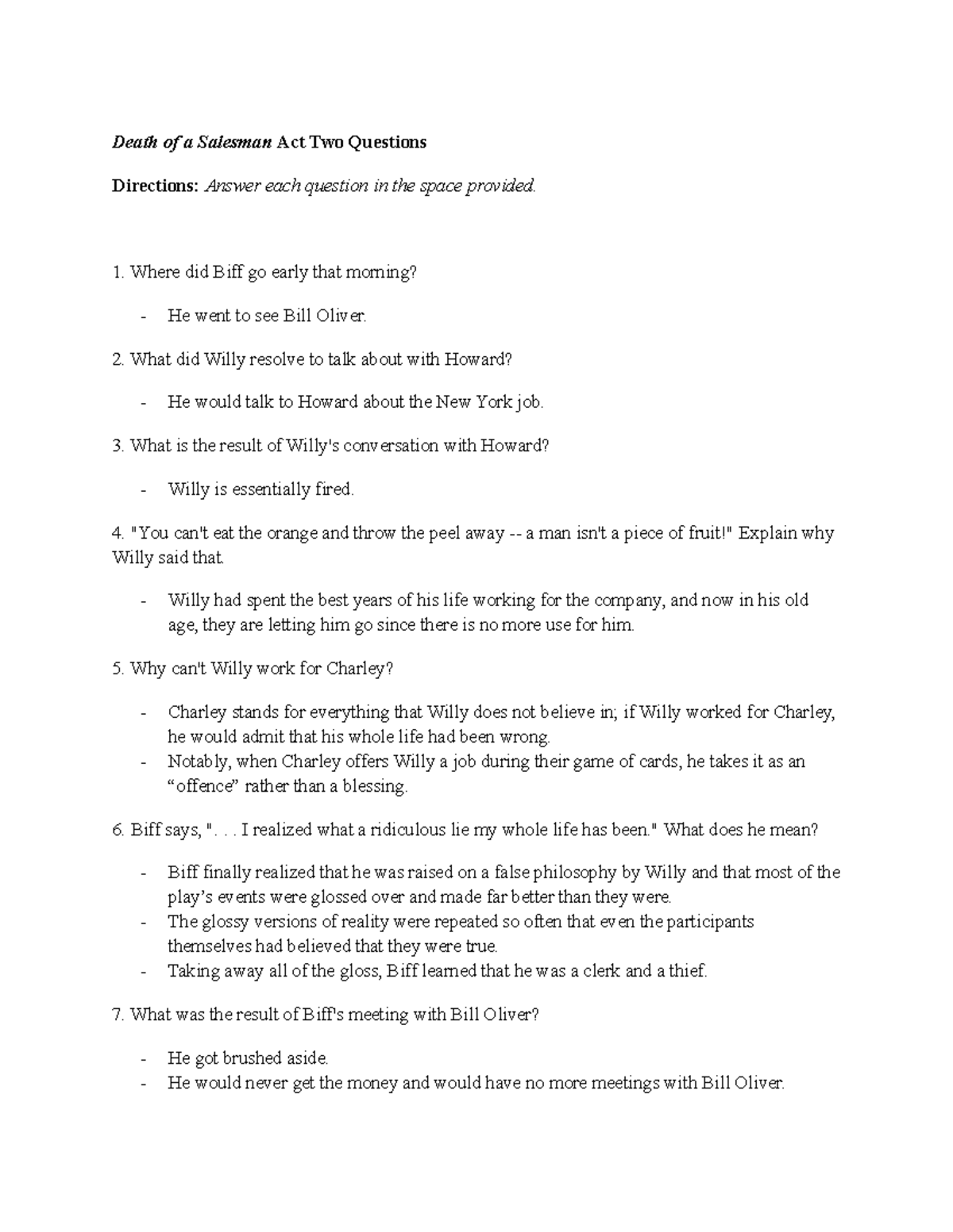 Death of a Salesman Act Two Questions - Melanie Barre - Death of a ...