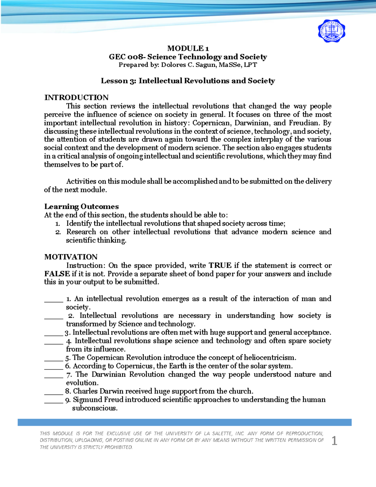 Revised Module 1 lesson 3 and 4 GEC 008 - THIS MODULE IS FOR THE EXCLUSIVE USE OF THE UNIVERSITY ...