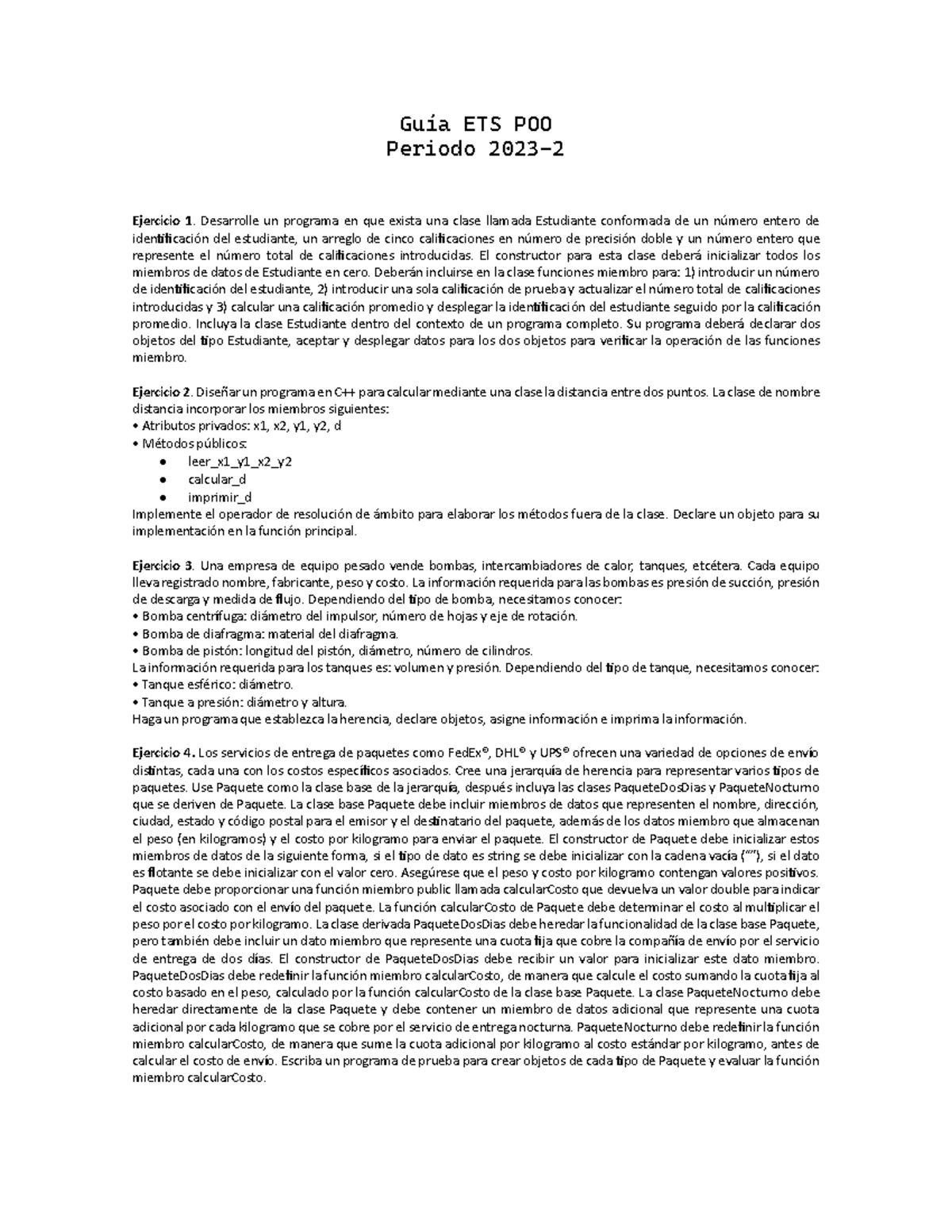 Guía de ejercicios para Programación orientada a objetos - Guía ETS POO Periodo 2023- 2 ...