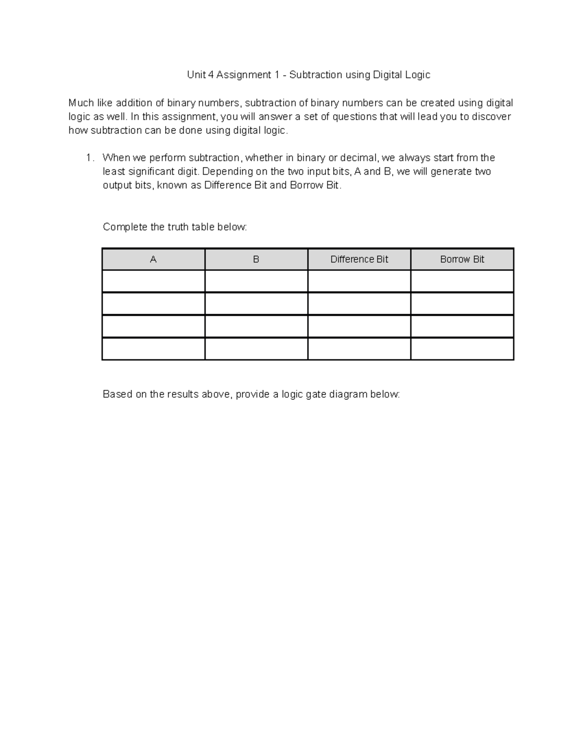 Unit 4 Assignment 1 - Subtraction using Digital Logic - Unit 4 ...