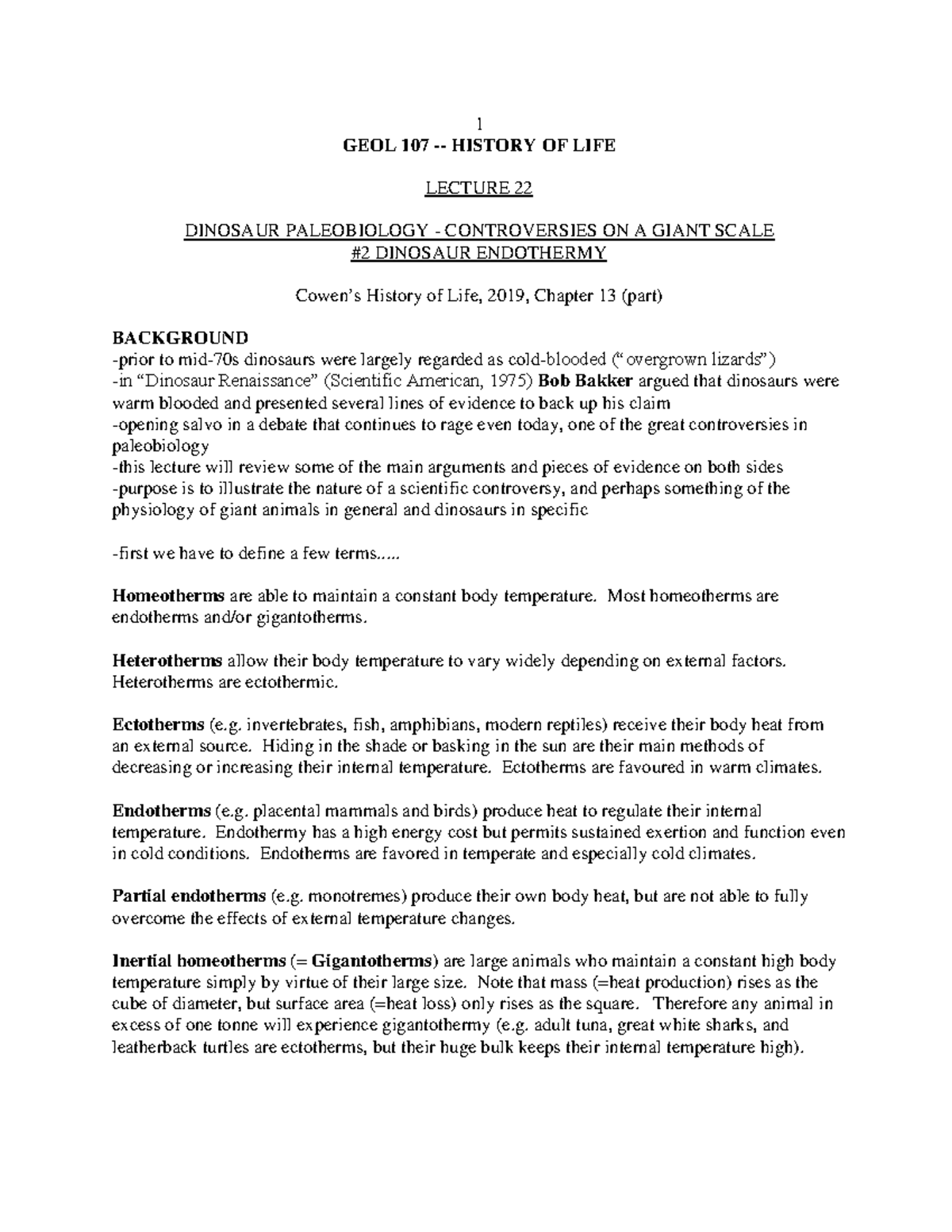 Geol107-lecture 22 2020 Dinosaur endothermy complete - 1 GEOL 107 ...